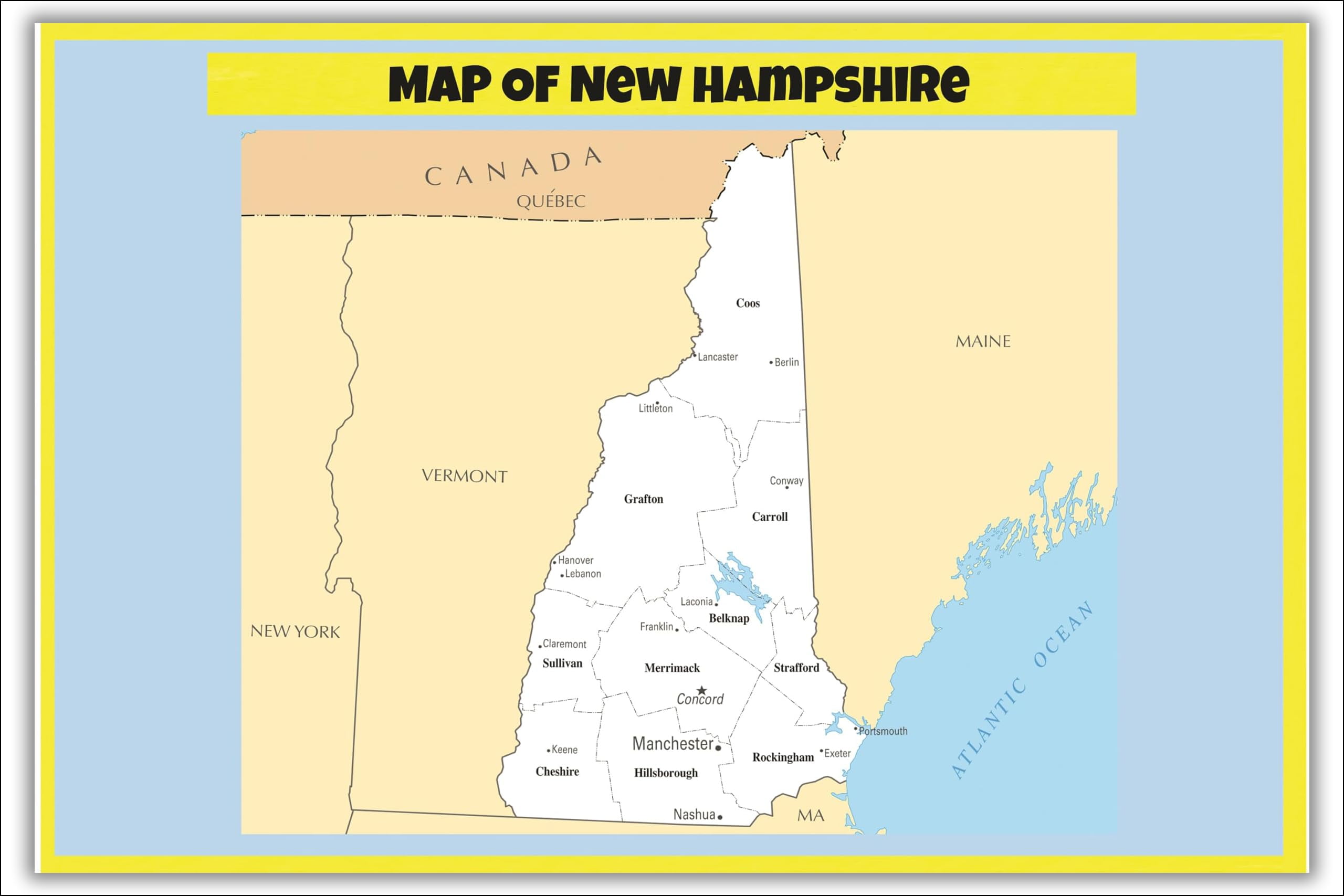 Map of New Hampshire - Glossy Heavy Paper Wall Map Poster Print Perfect for Classrooms and Homes ...
