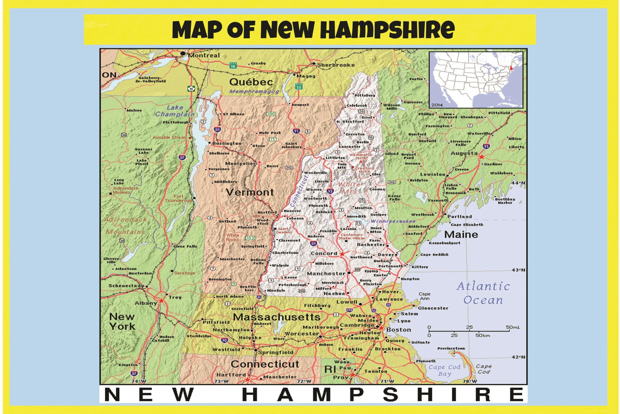 Map of New Hampshire Style C - Laminated Wall Map Poster Print Perfect for Classrooms and Homes ...