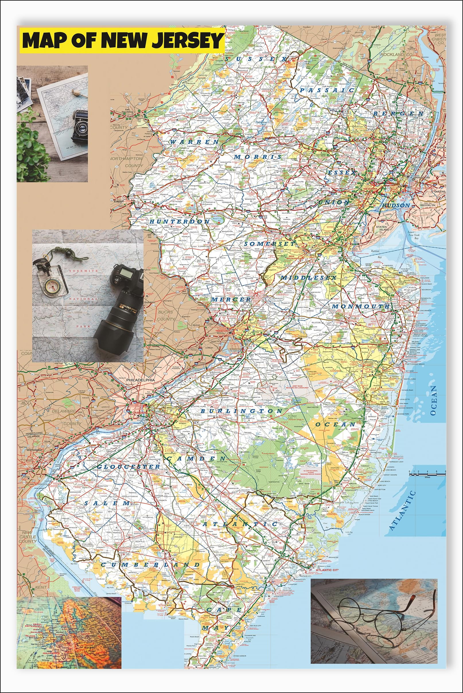 Map of New Jersey 18x24 Large Detailed Roads and Highways, Maryland ...