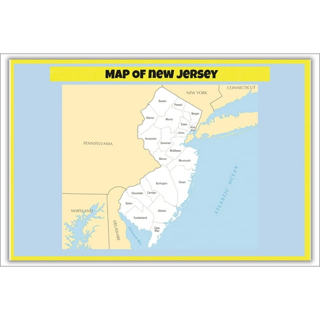 Map of New Jersey - Laminated Wall Map Poster Print Perfect for Classrooms and Homes - Vivid ...