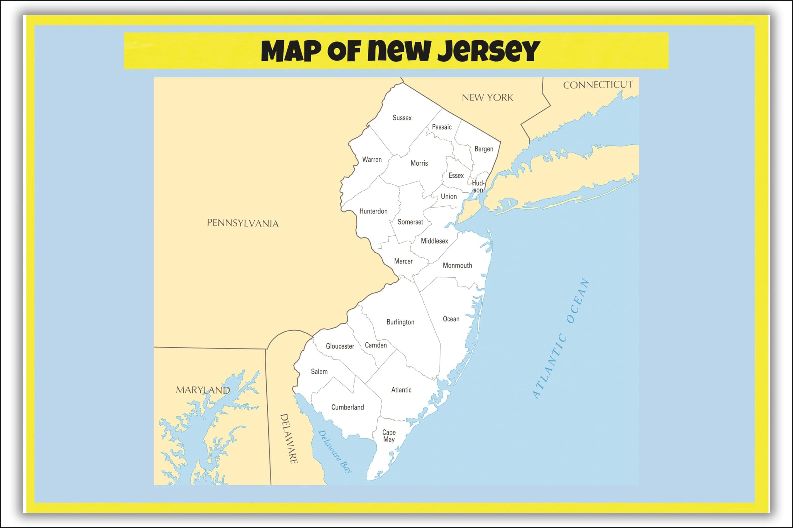 Map of New Jersey - Laminated Wall Map Poster Print Perfect for ...