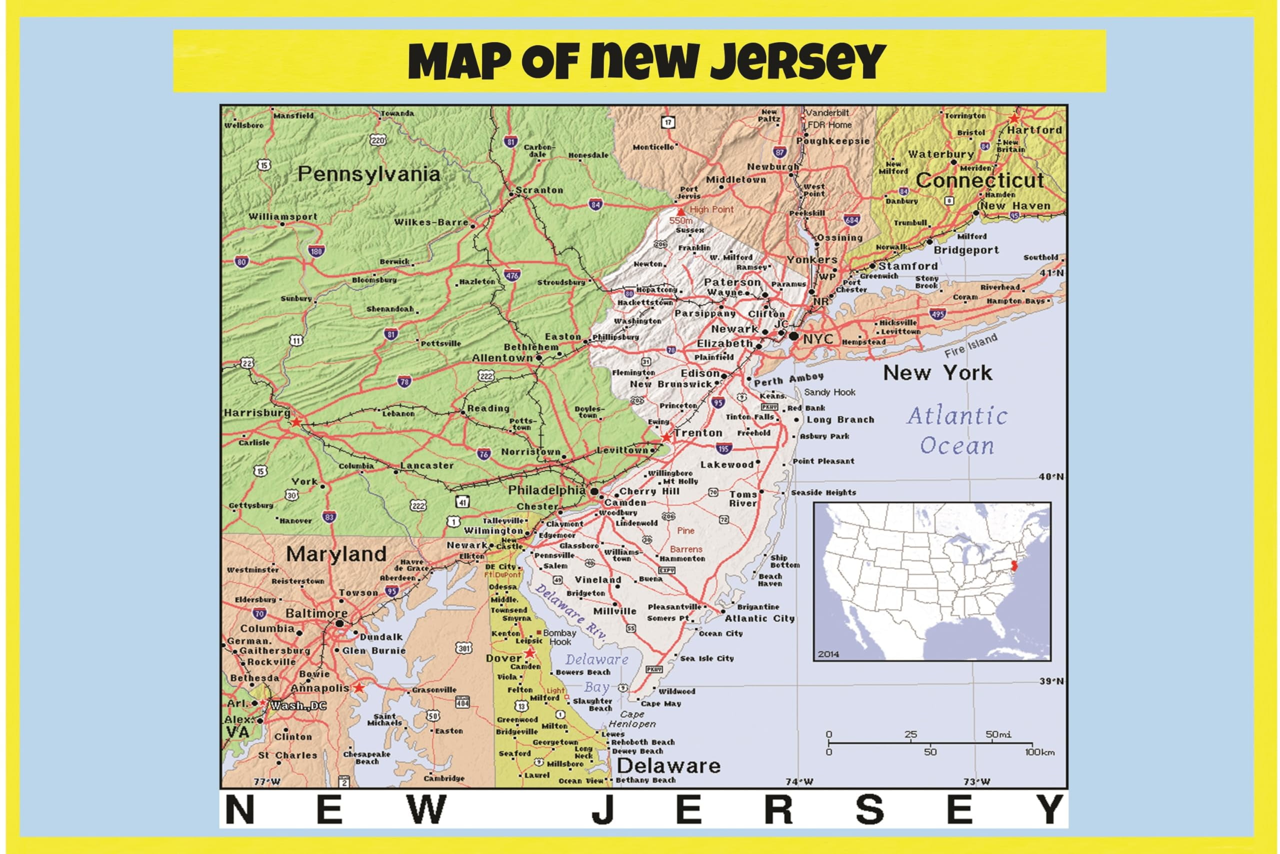 Map of New Jersey Style C - Laminated Wall Map Poster Print Perfect for ...