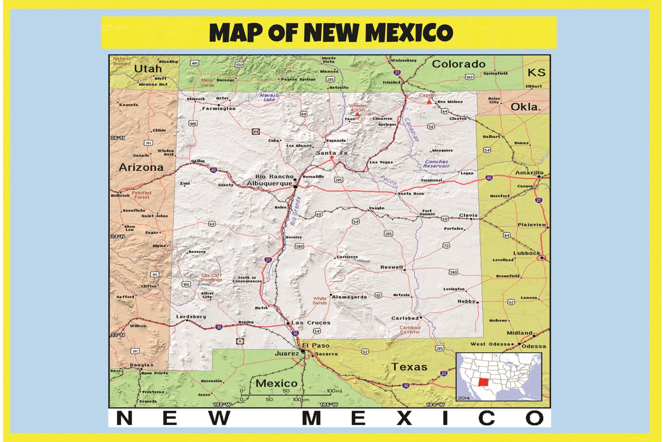 Map of New Mexico Style C - Glossy Heavy Paper Wall Map Poster Print ...