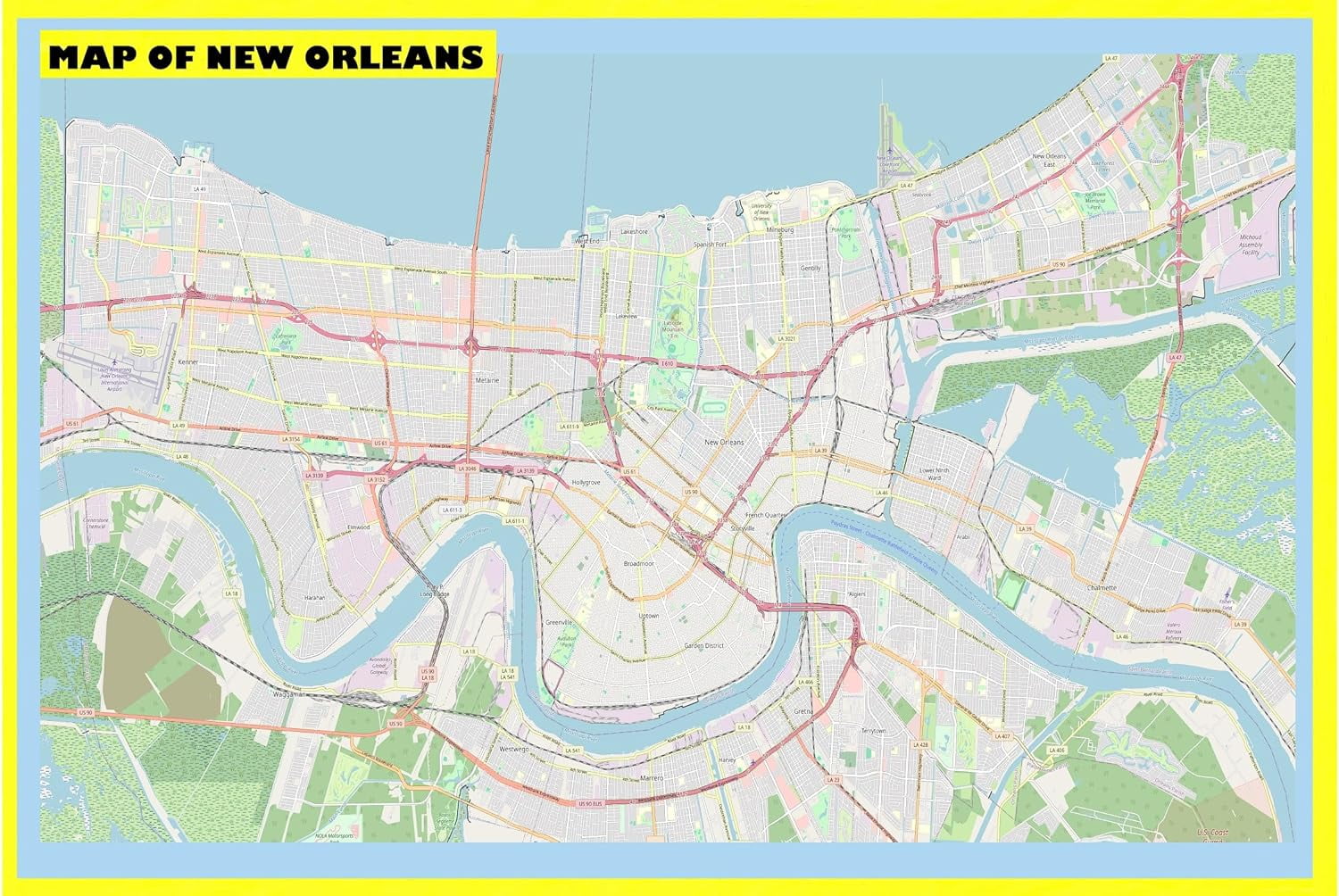 Map of New Orleans 18x24 with Neighborhoods, Streets, Roads, Highways ...