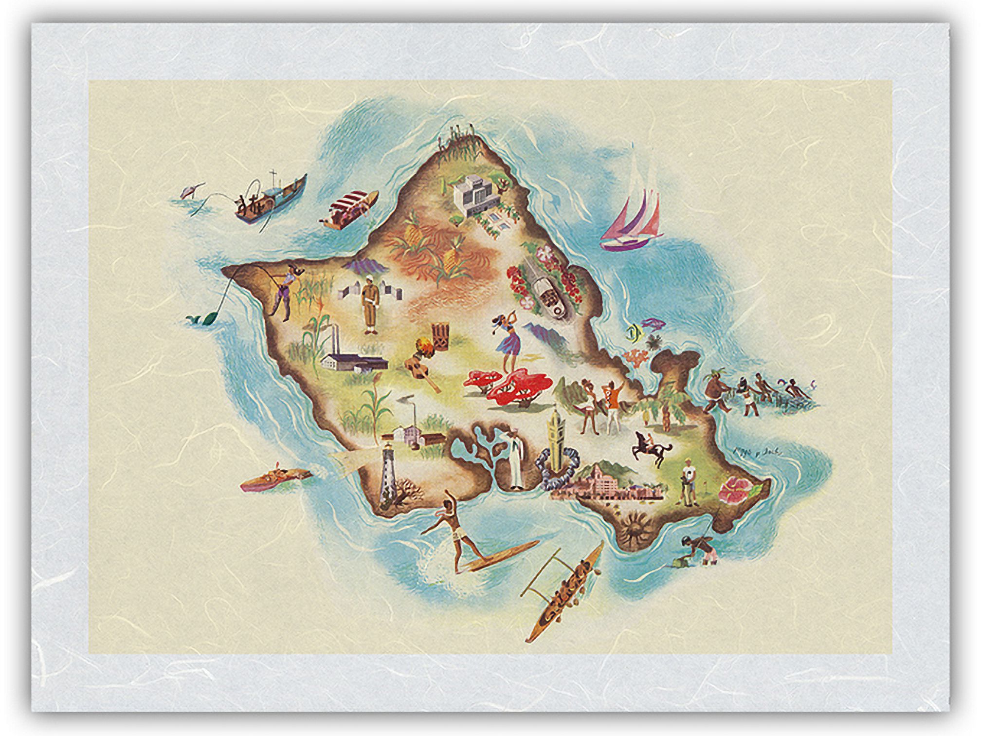 Map of Oahu Hawaii - Vintage Pictorial Map c.1953 - Japanese Unryu Rice ...