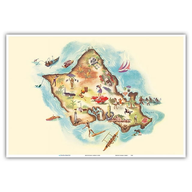 Map of Oahu Hawaii - Vintage Pictorial Map c.1953 - Master Art Print ...