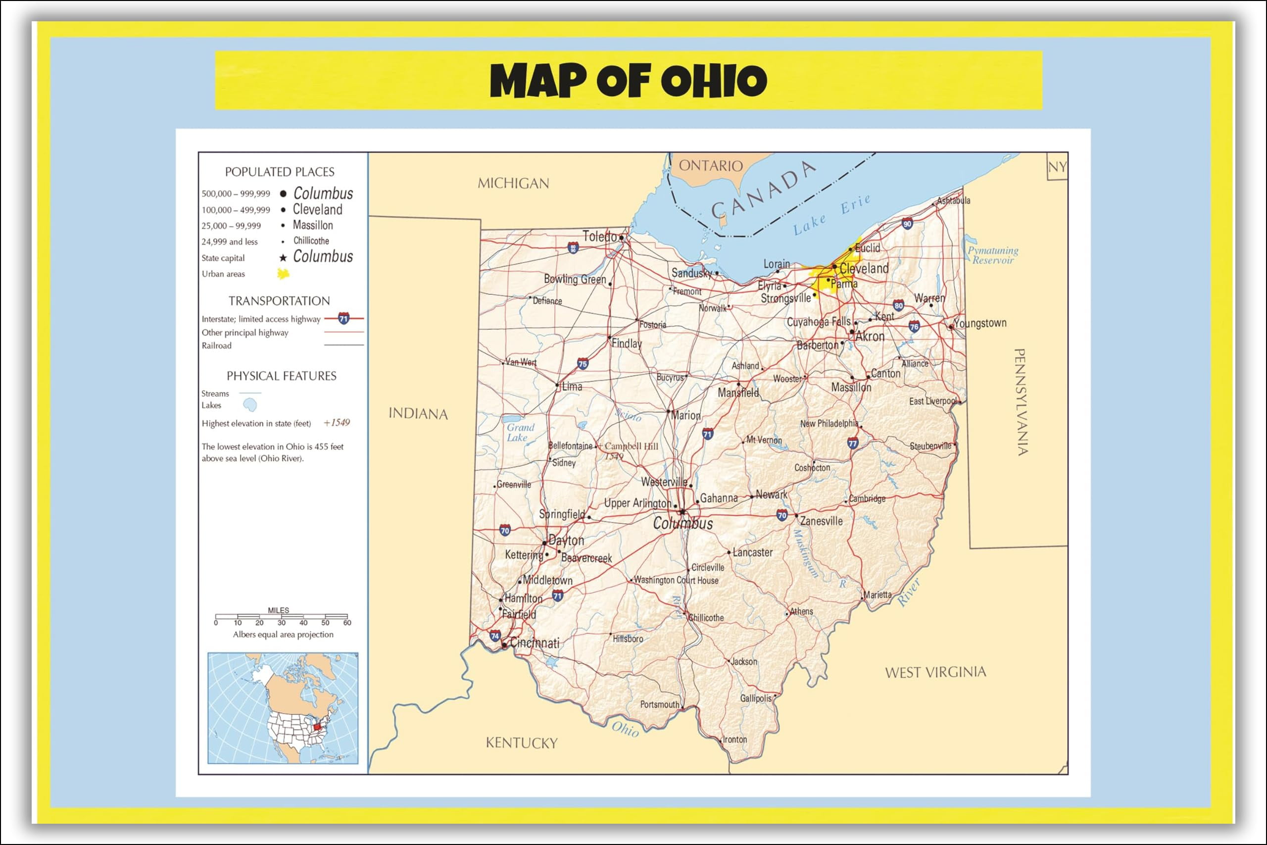 Map of Ohio - Laminated Wall Map Poster Print Perfect for Classrooms ...