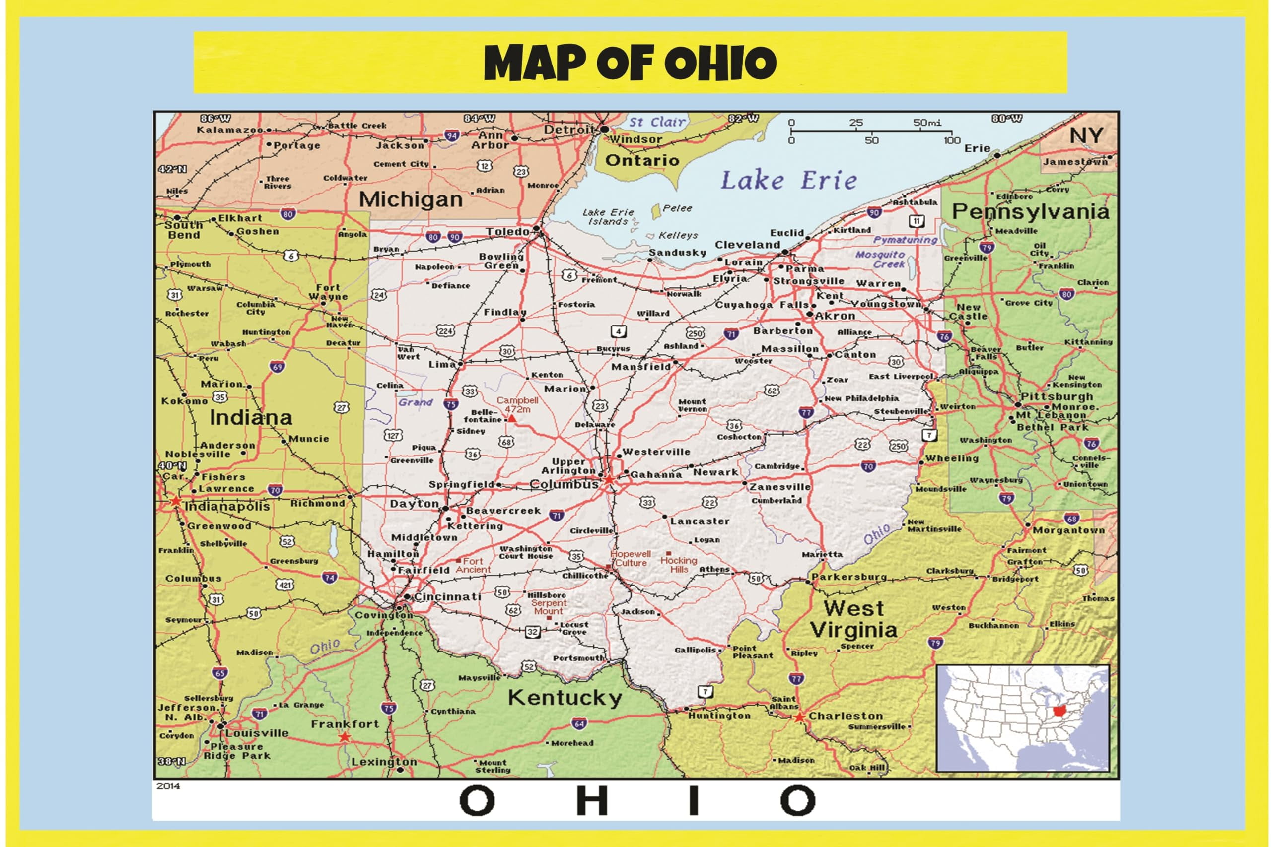 Map of Ohio Style C - Glossy Heavy Paper Wall Map Poster Print Perfect for Classrooms and Homes ...