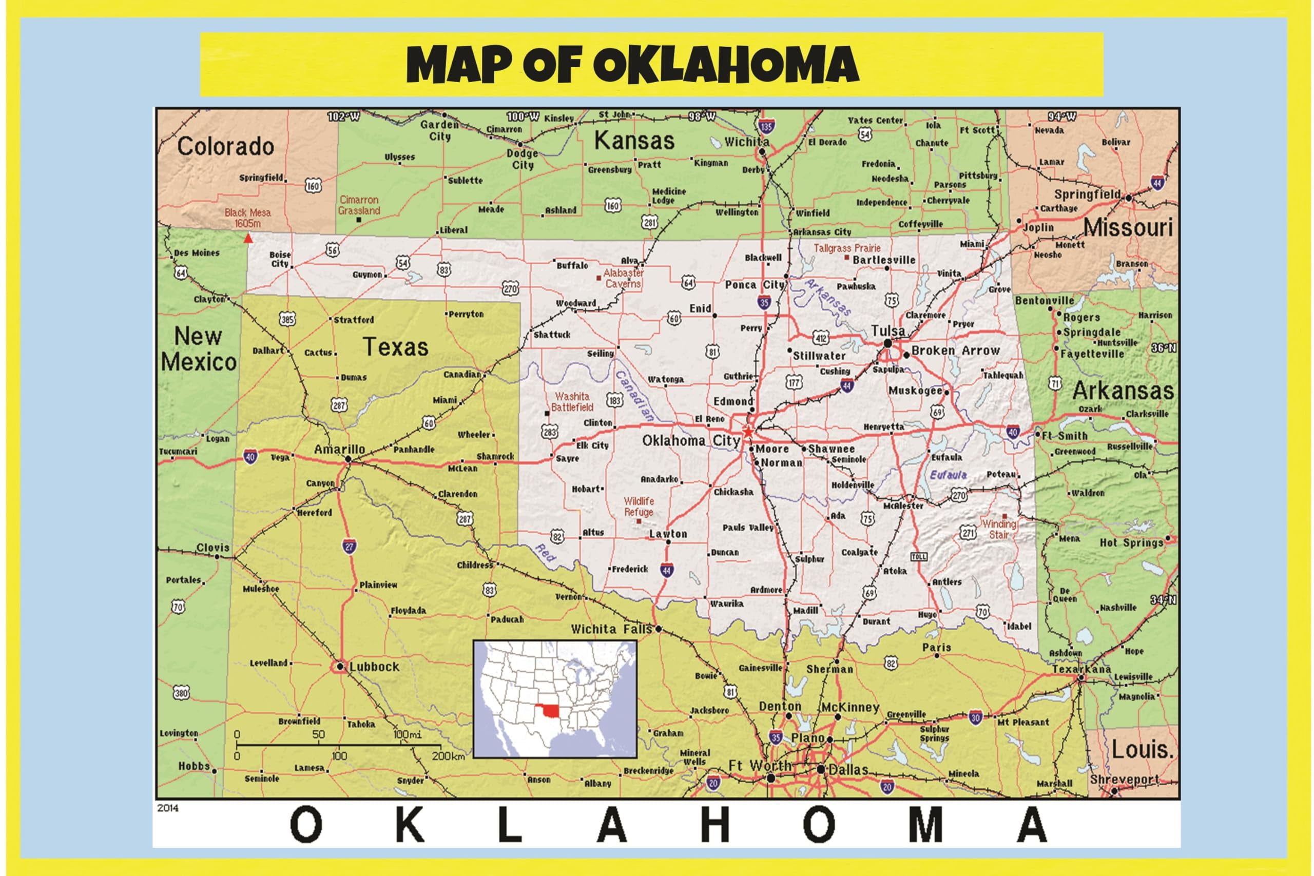 Map of Oklahoma Style C - Glossy Heavy Paper Wall Map Poster Print ...