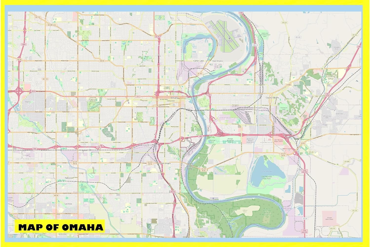 Map of Omaha 20x30 with Neighborhoods, Streets, Roads, Highways and Parks - Laminated Wall Map ...