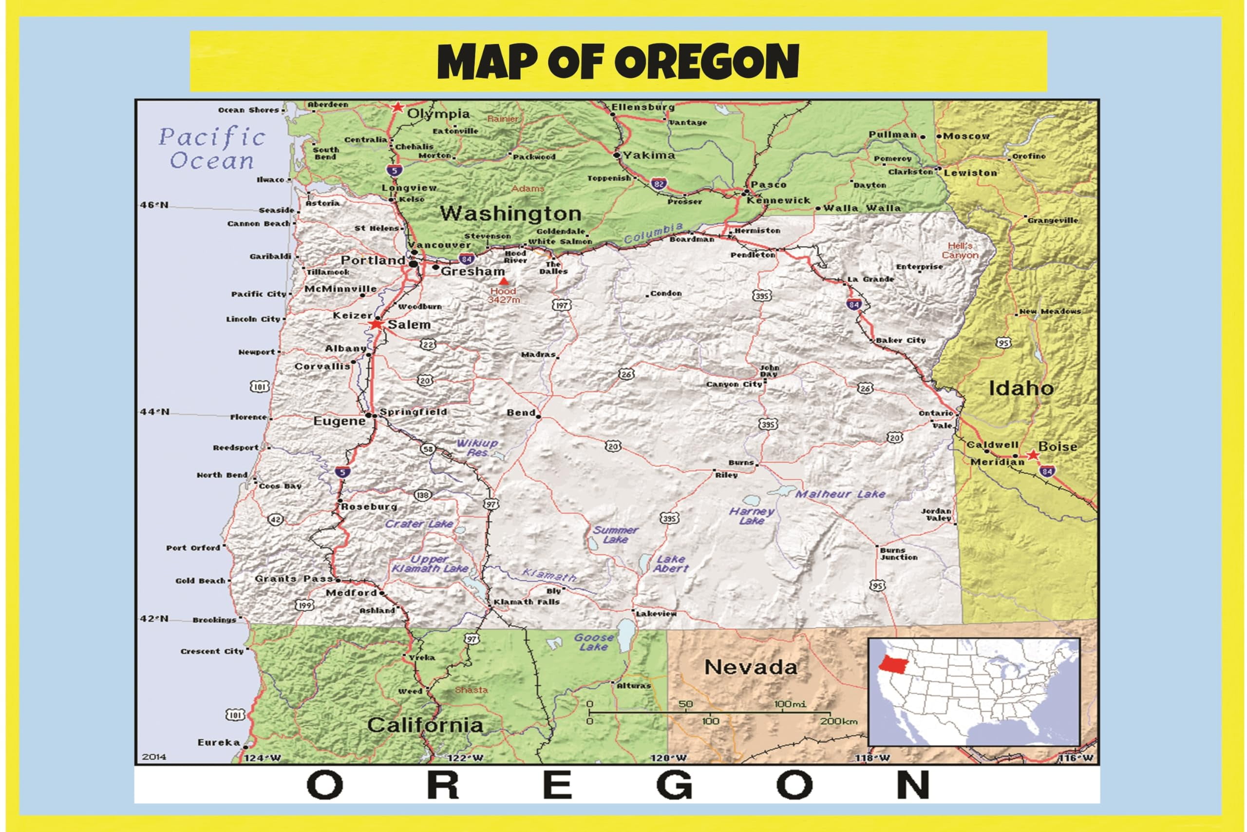 Map of Oregon Style C 18x24 - Laminated Wall Map Poster Print Perfect ...