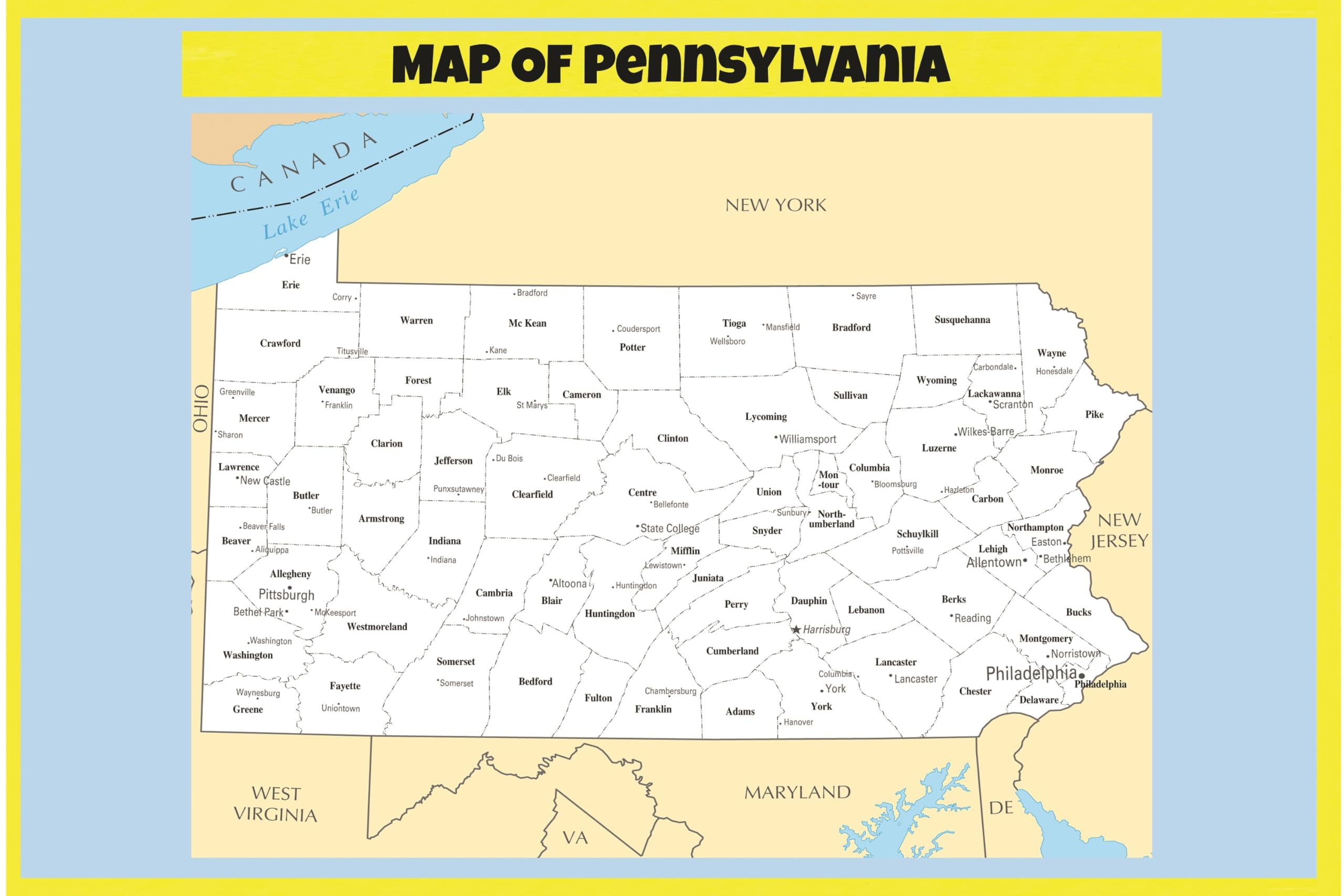 Map of Pennsylvania - Laminated Wall Map Poster Print Perfect for ...