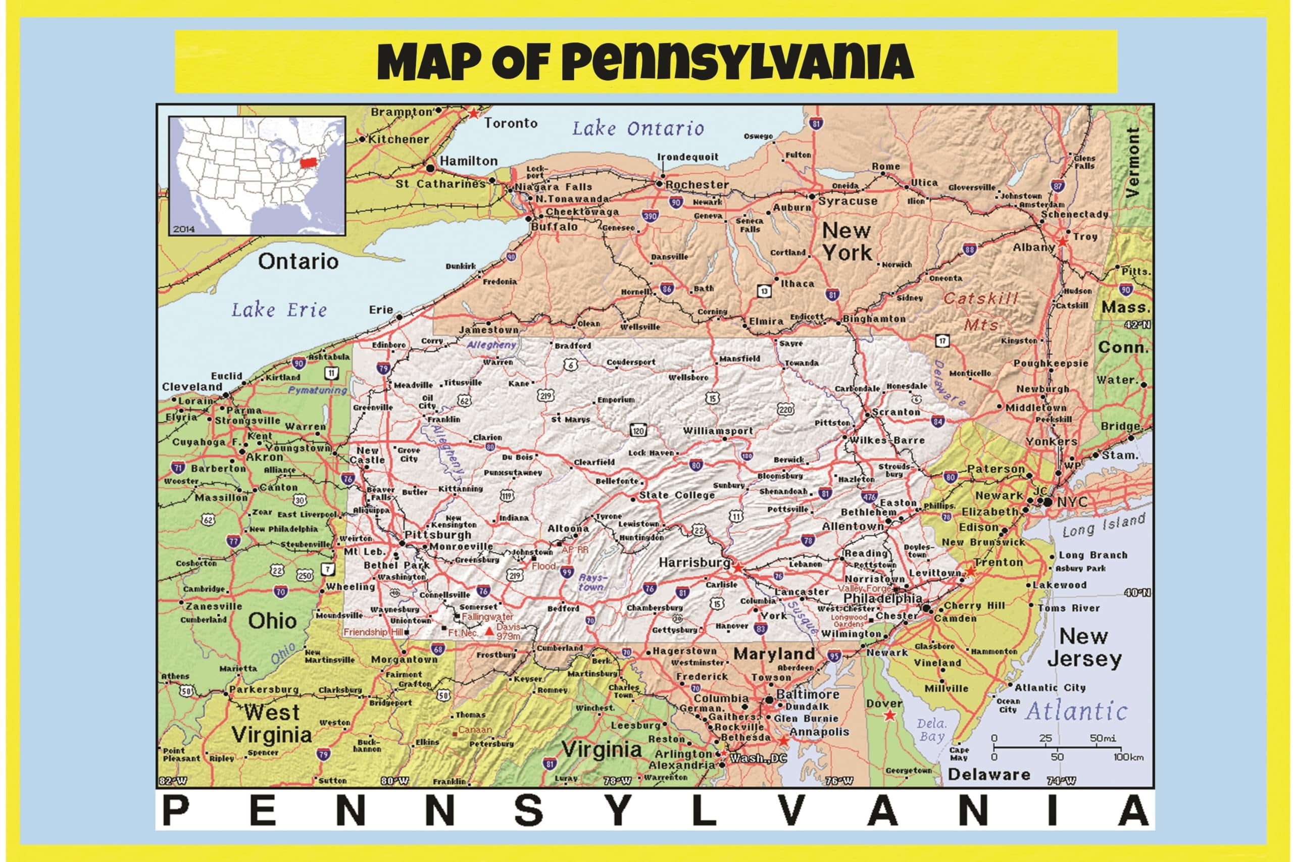 Map of Pennsylvania Style C - Laminated Wall Map Poster Print Perfect ...