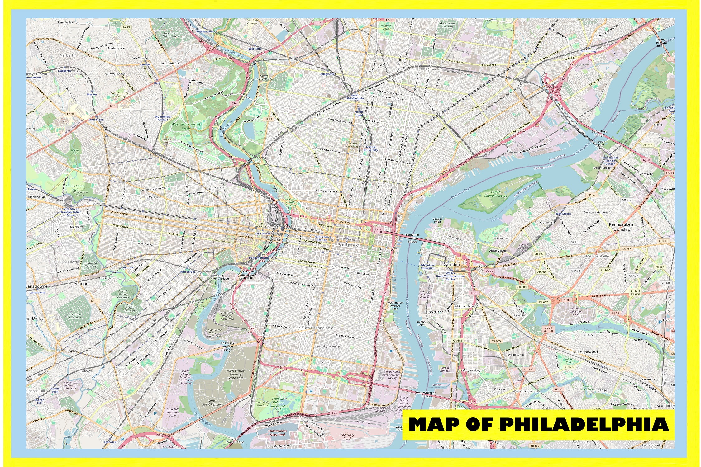 Map of Philadelphia 24x36 with Neighborhoods, Streets, Roads, Highways ...