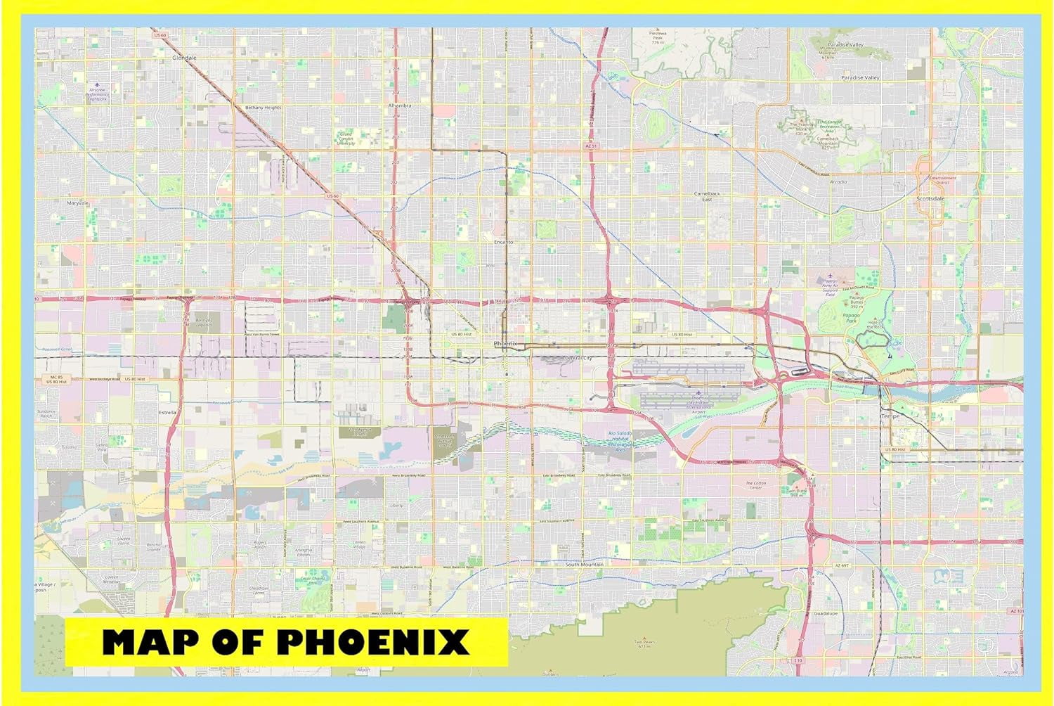 Map of Phoenix 20x30 with Neighborhoods, Streets, Roads, Highways and ...