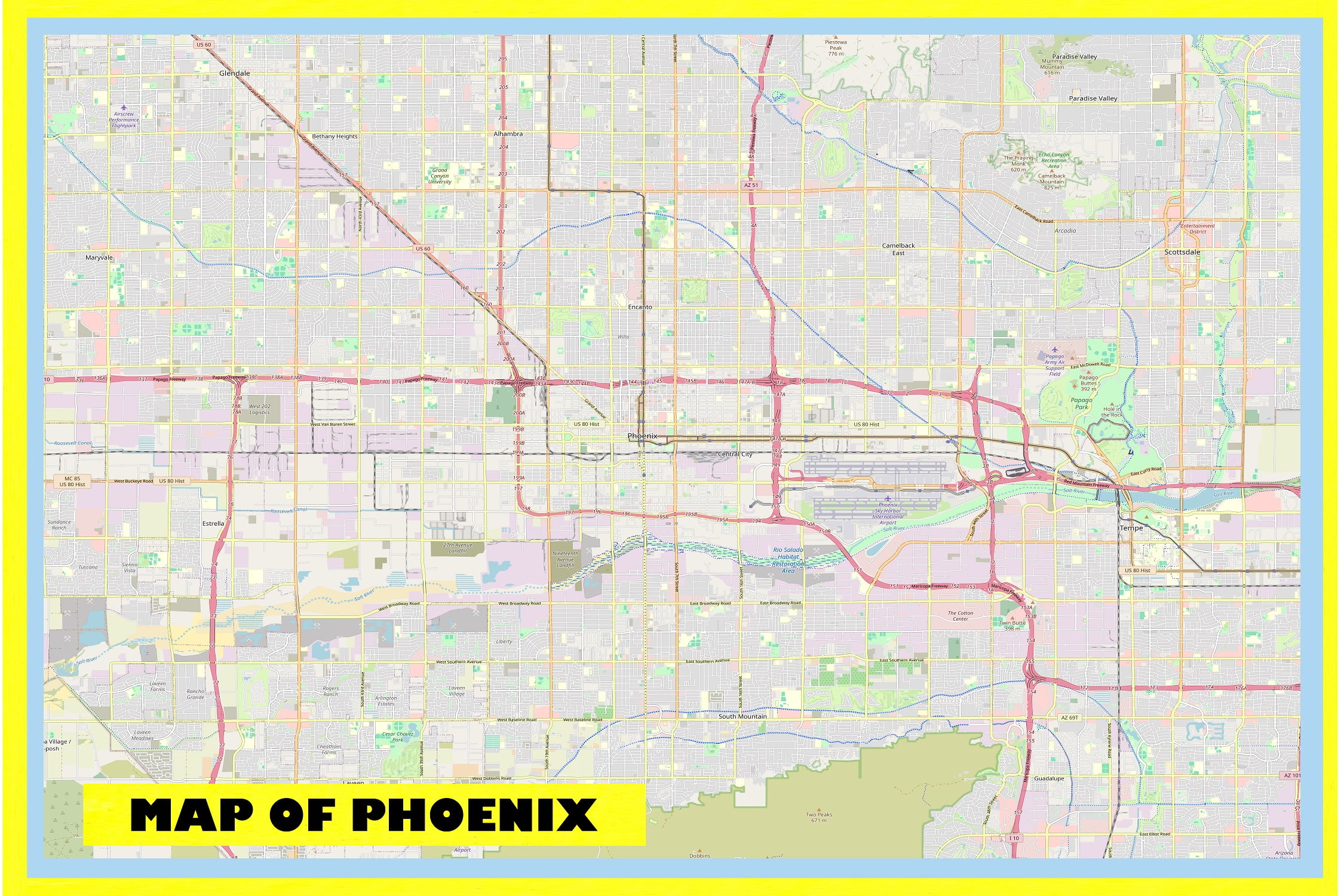 Map of Phoenix 24x36 with Neighborhoods, Streets, Roads, Highways and ...