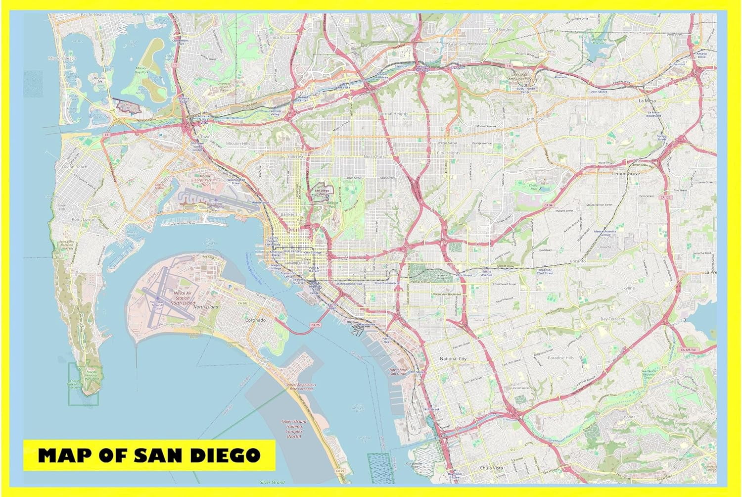 Map of San Diego 18x24 with Neighborhoods, Streets, Roads, Highways and ...