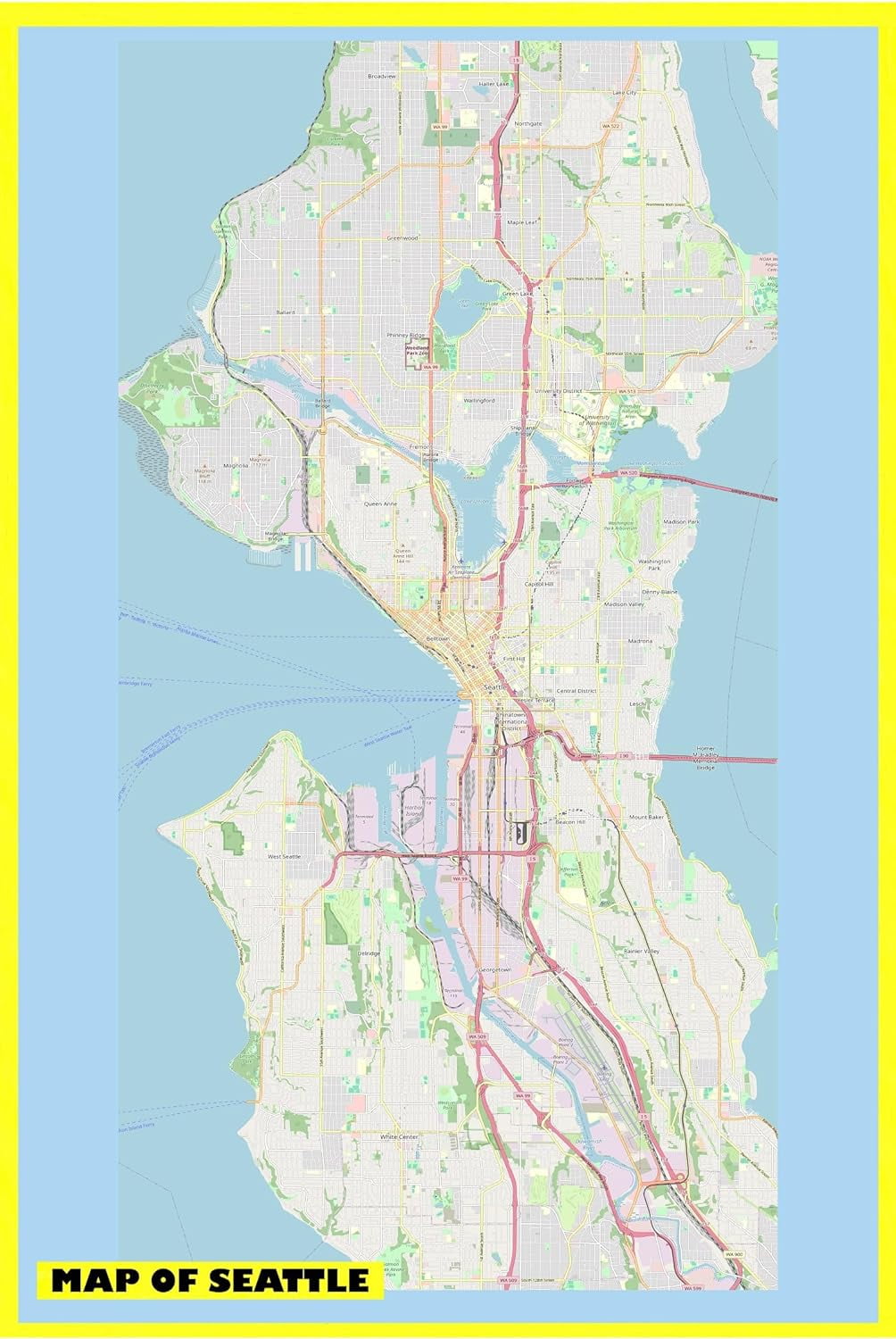 Map of Seattle 18x24 with Neighborhoods, Streets, Roads, Highways and ...