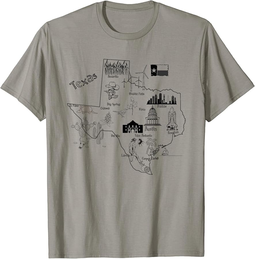 Map of Texas Landmarks, major cities, flag, Black Lines T-Shirt ...