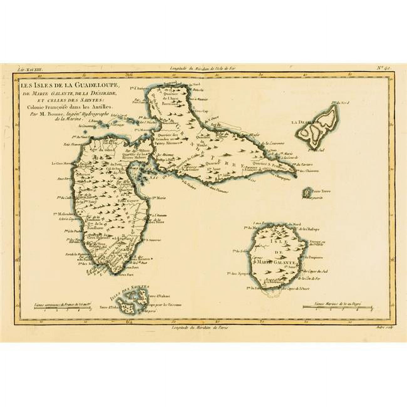 Map of The French Indies Or French Caribbean Circa.1760 From Atlas De ...