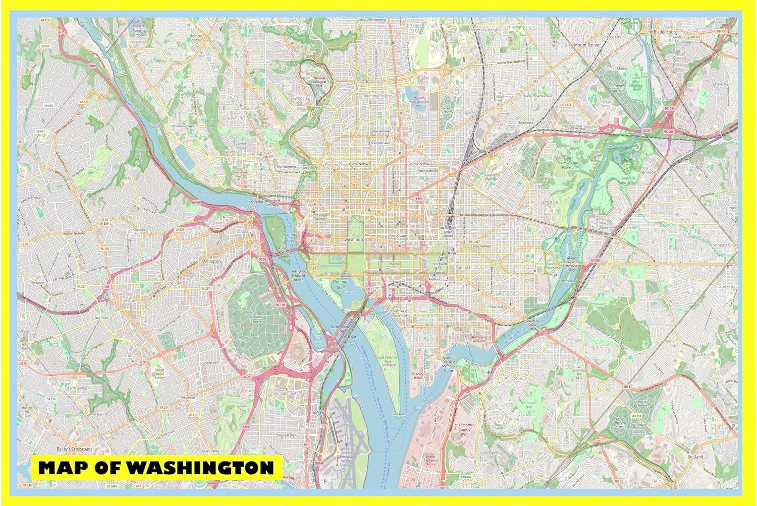 Map of Washington 18x24 with Neighborhoods, Streets, Roads, Highways ...