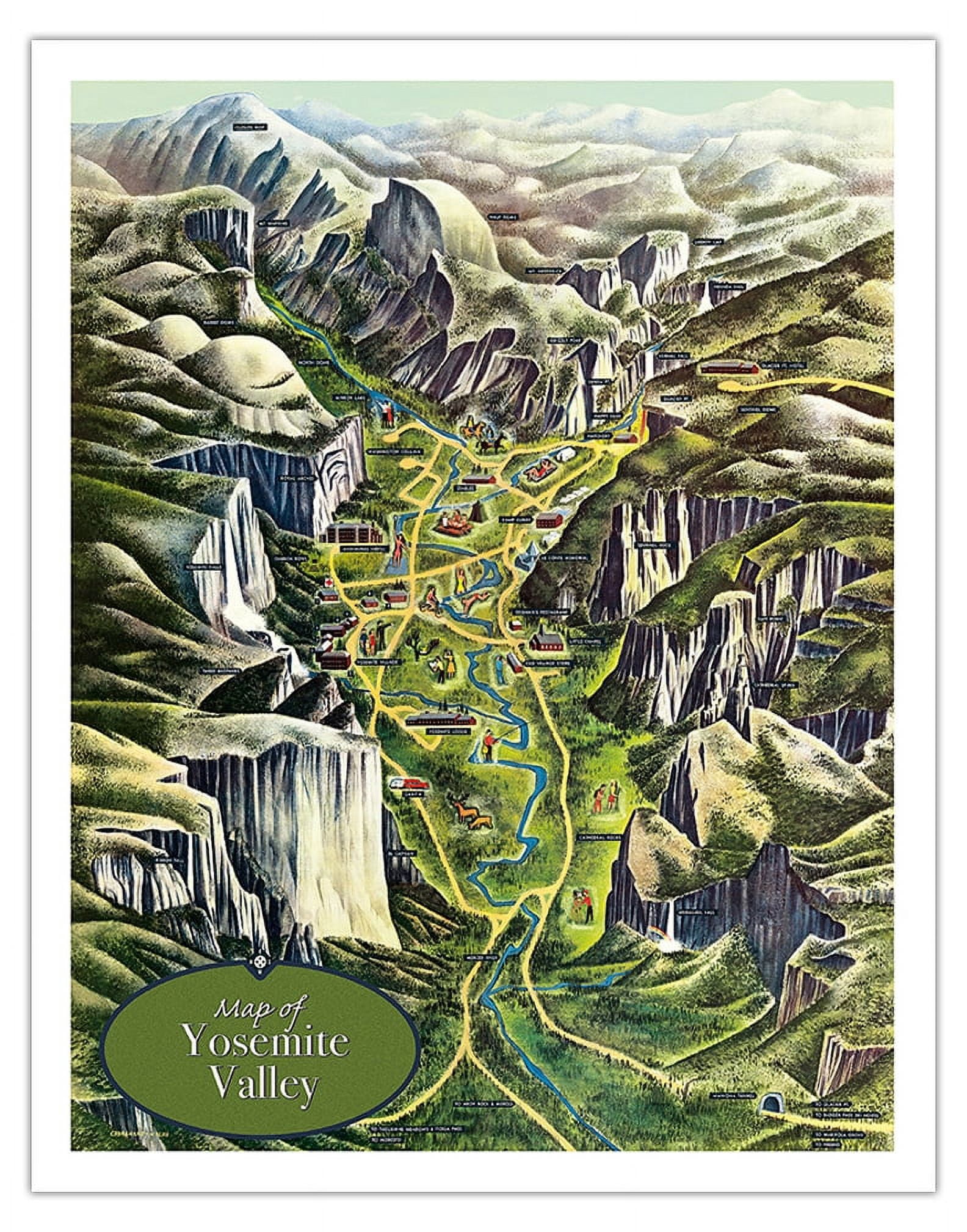 Map of Yosemite Valley - National Park - Vintage Pictorial Map by ...