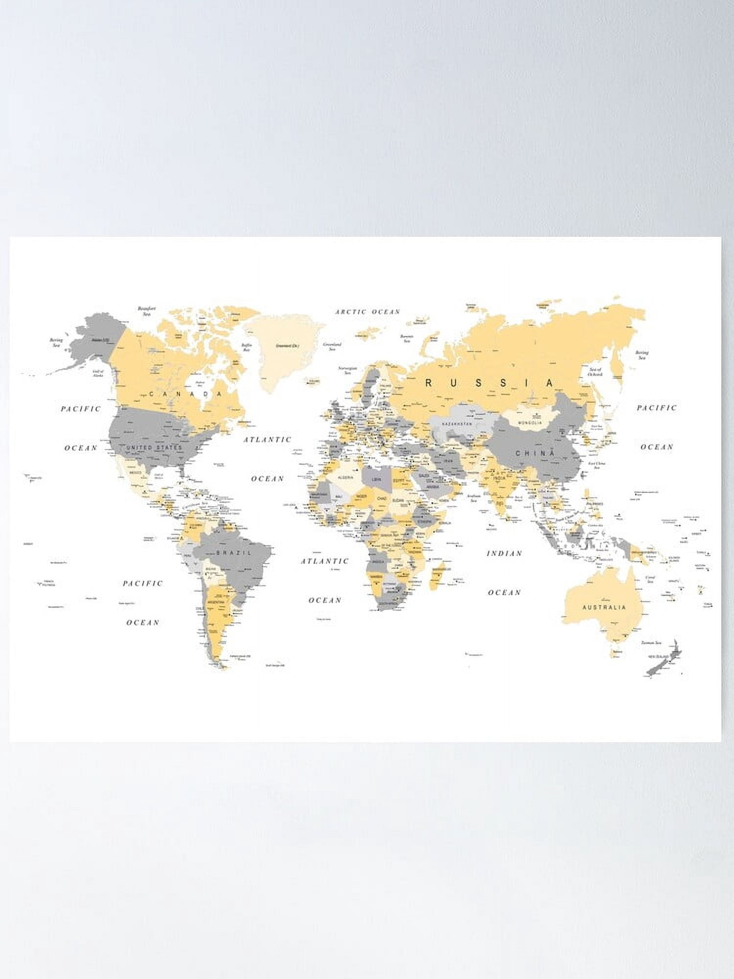 Map of the World Yellow and Grey Poster - Walmart.com