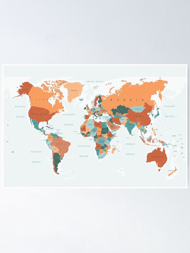 Map of the World in Burnt Orange and Teal Fashion Art Decor Frame ...