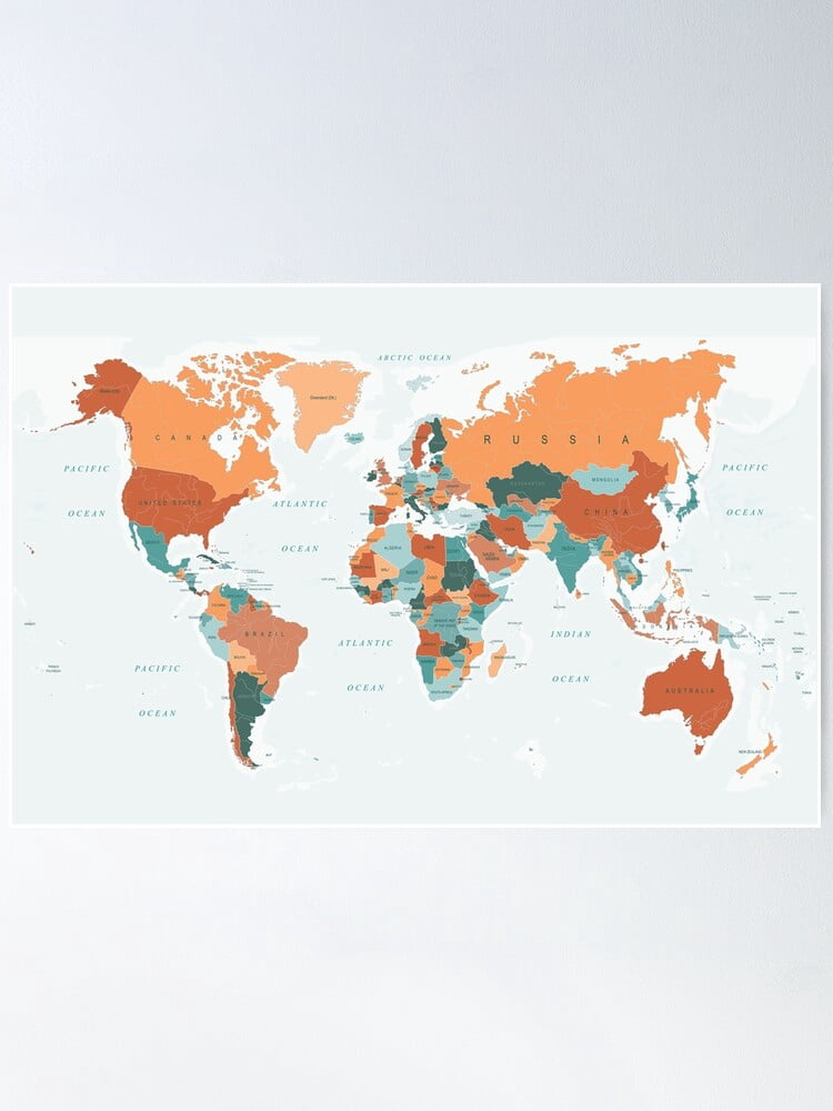 Map of the World in Burnt Orange and Teal Poster - Walmart.com