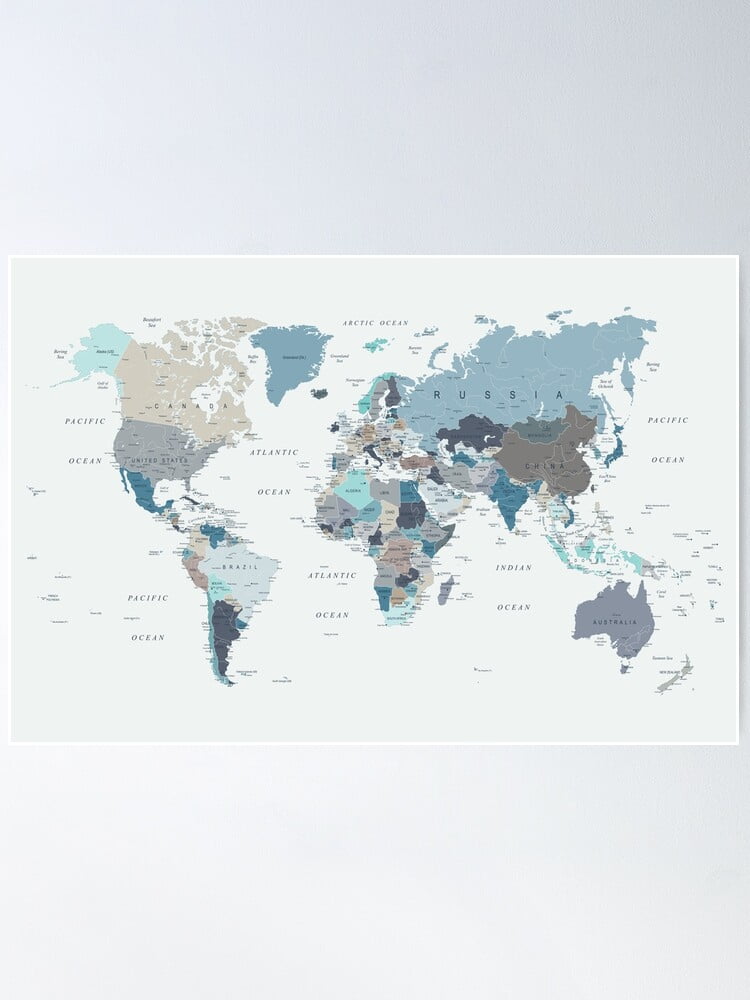 Map of the World in Neutral tones of Blue and Beige Poster - Walmart.com