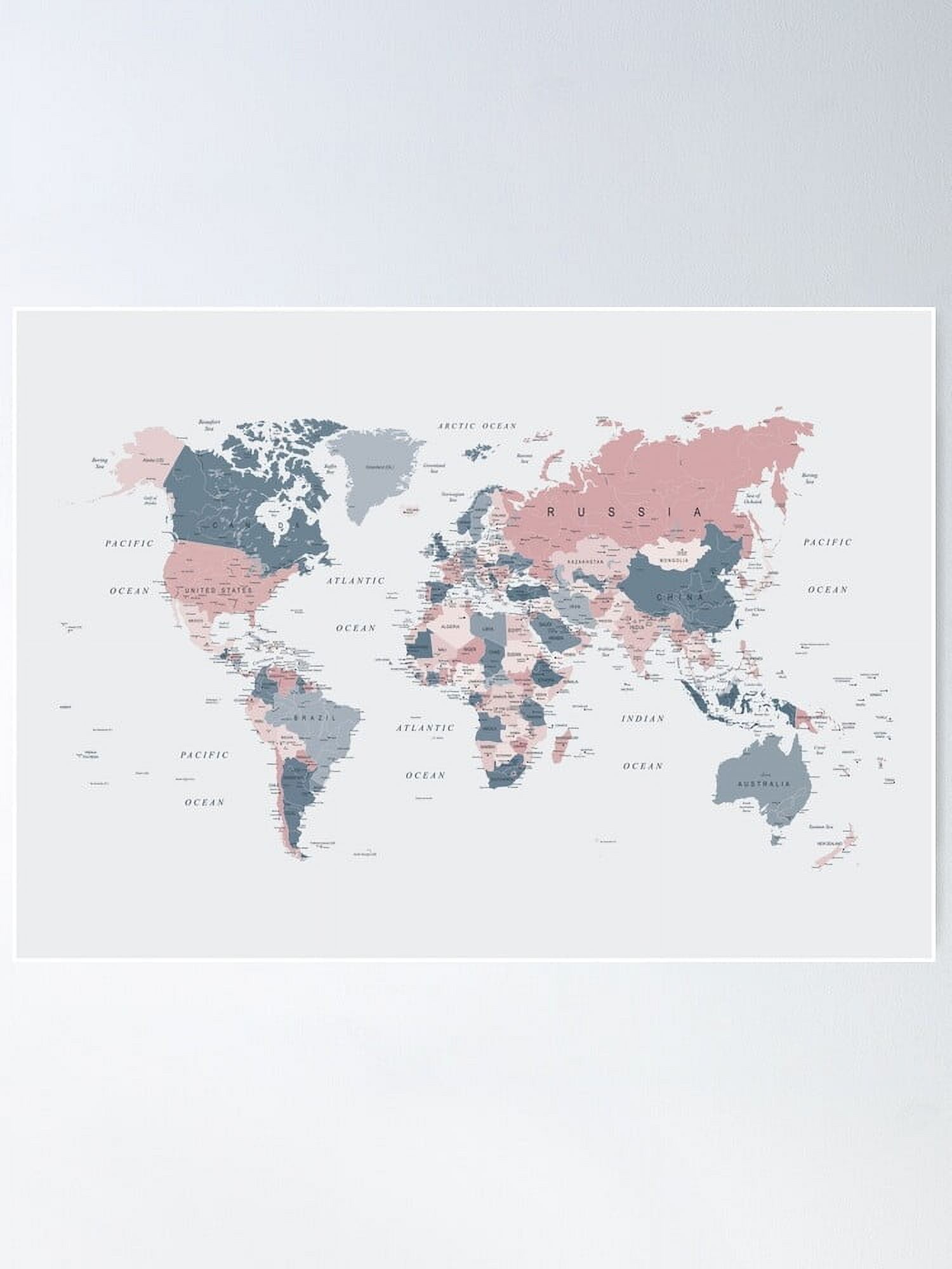 Map of the World in Pink and Blue Poster - Walmart.com