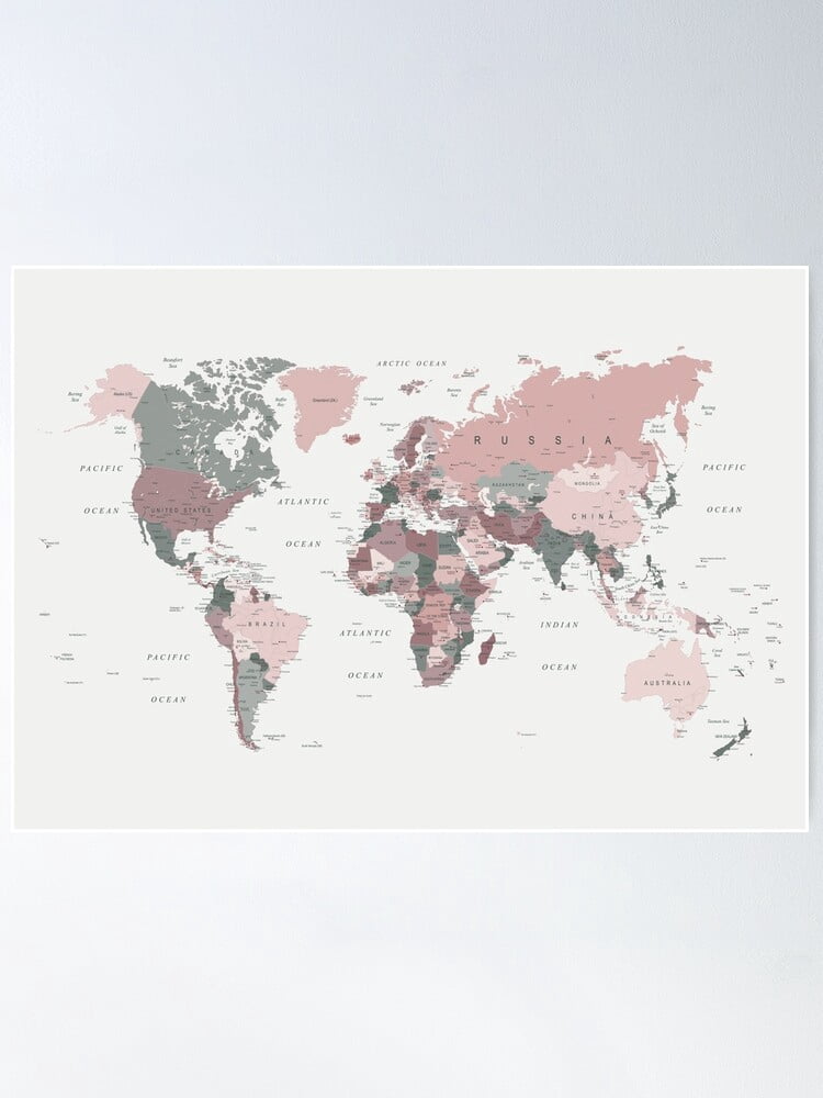 Map of the World in Pink and Green Poster - Walmart.com