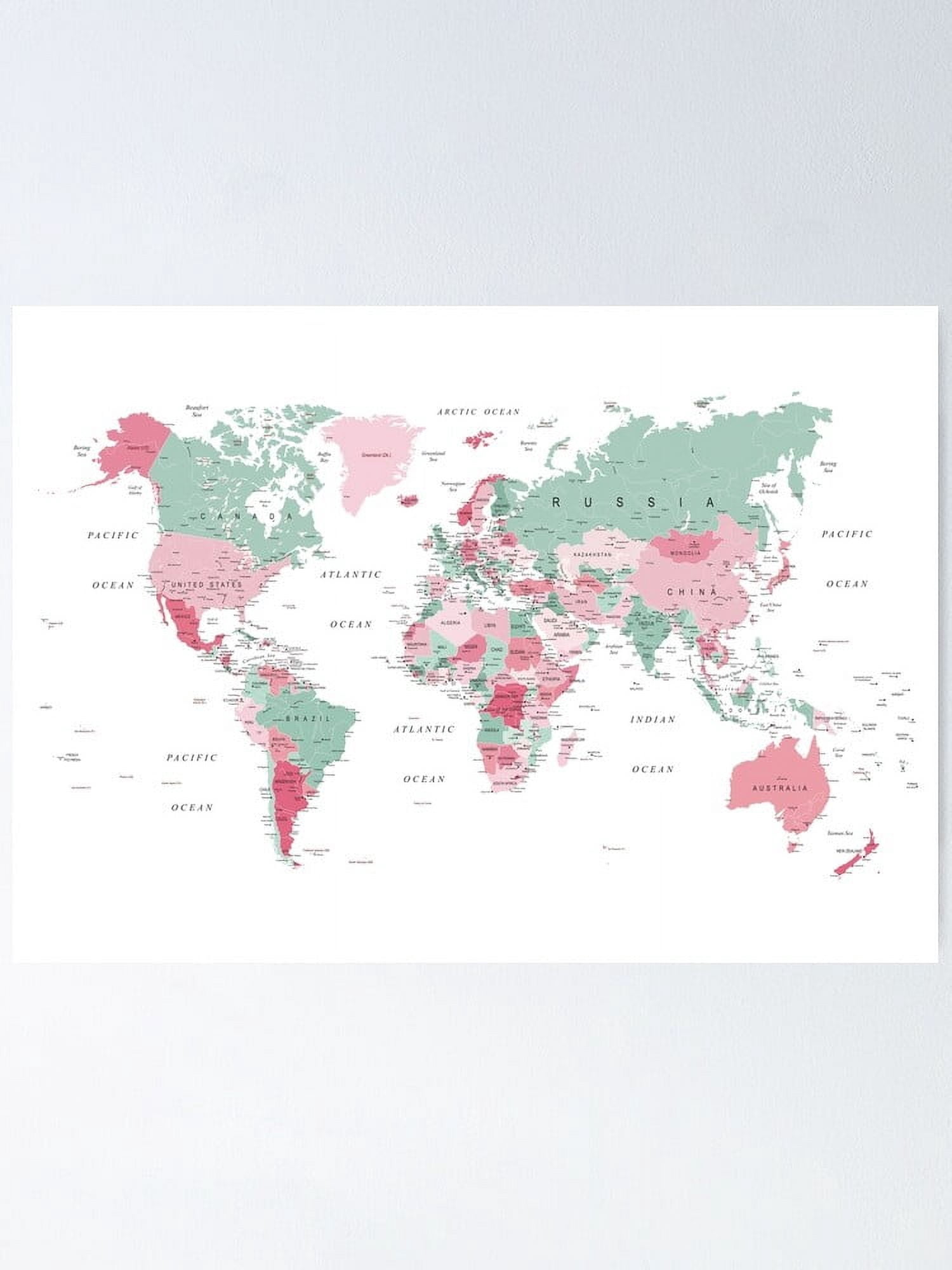 Map of the World in Pink and Mint Green Modern Art Decor Unframe ...