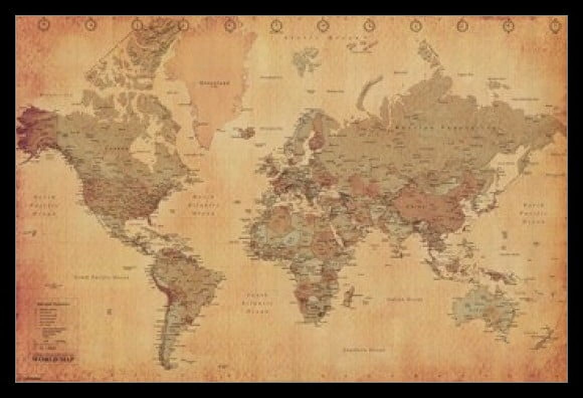 Map of the World, vintage (mercator projection) Laminated & Framed ...