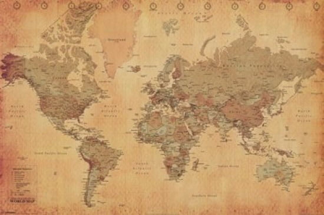 Map of the World, vintage (mercator projection) Poster (36 x 24 ...