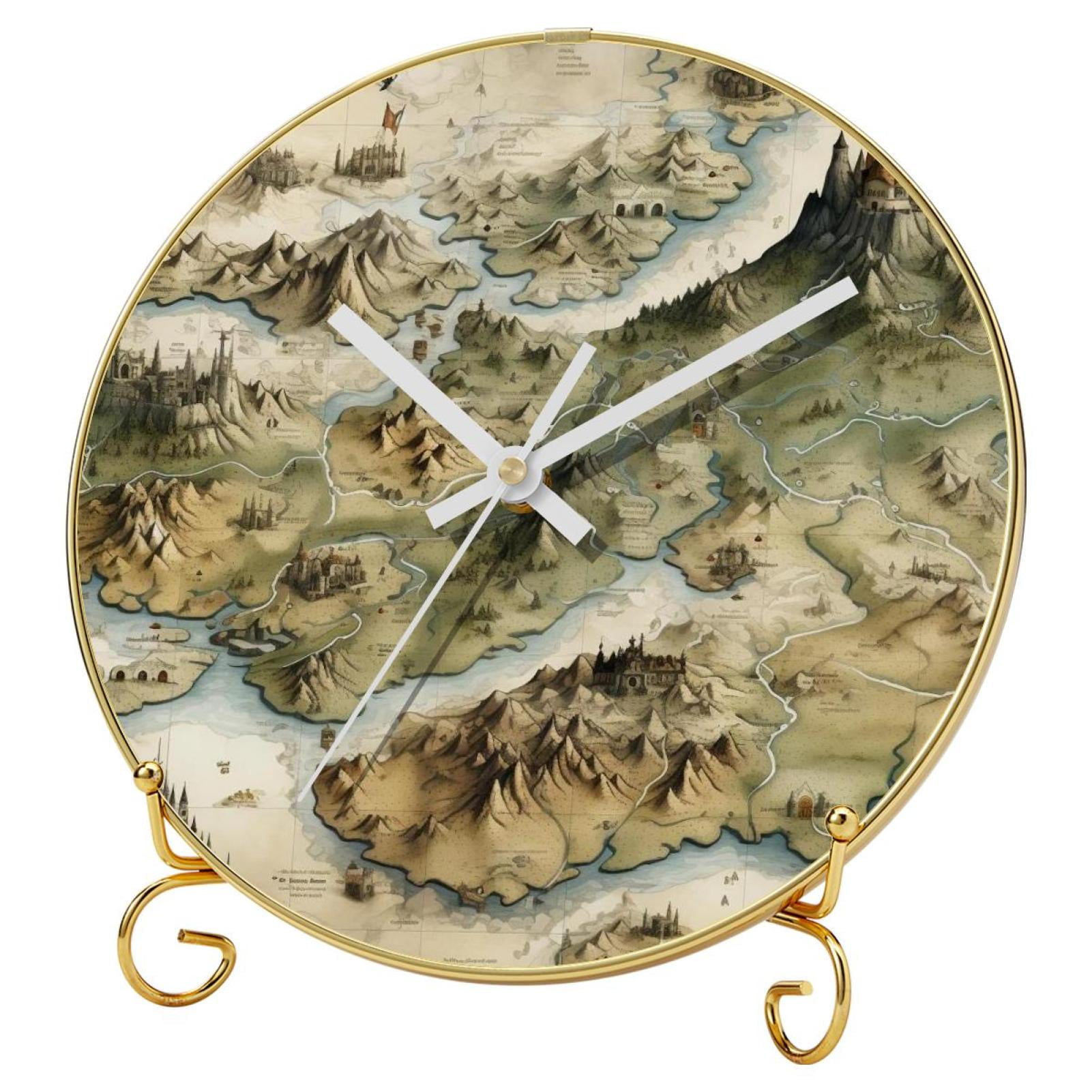 Map section Round Printed Wall Clock with Hooks and Gold Stand - Silent ...
