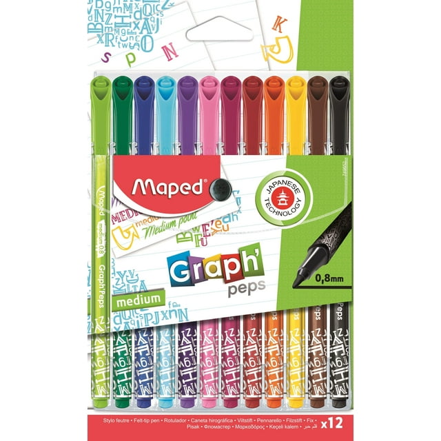 Maped Graph'Peps Medium Tip Triangular Felt Pens in Reusable Case - 12 ...