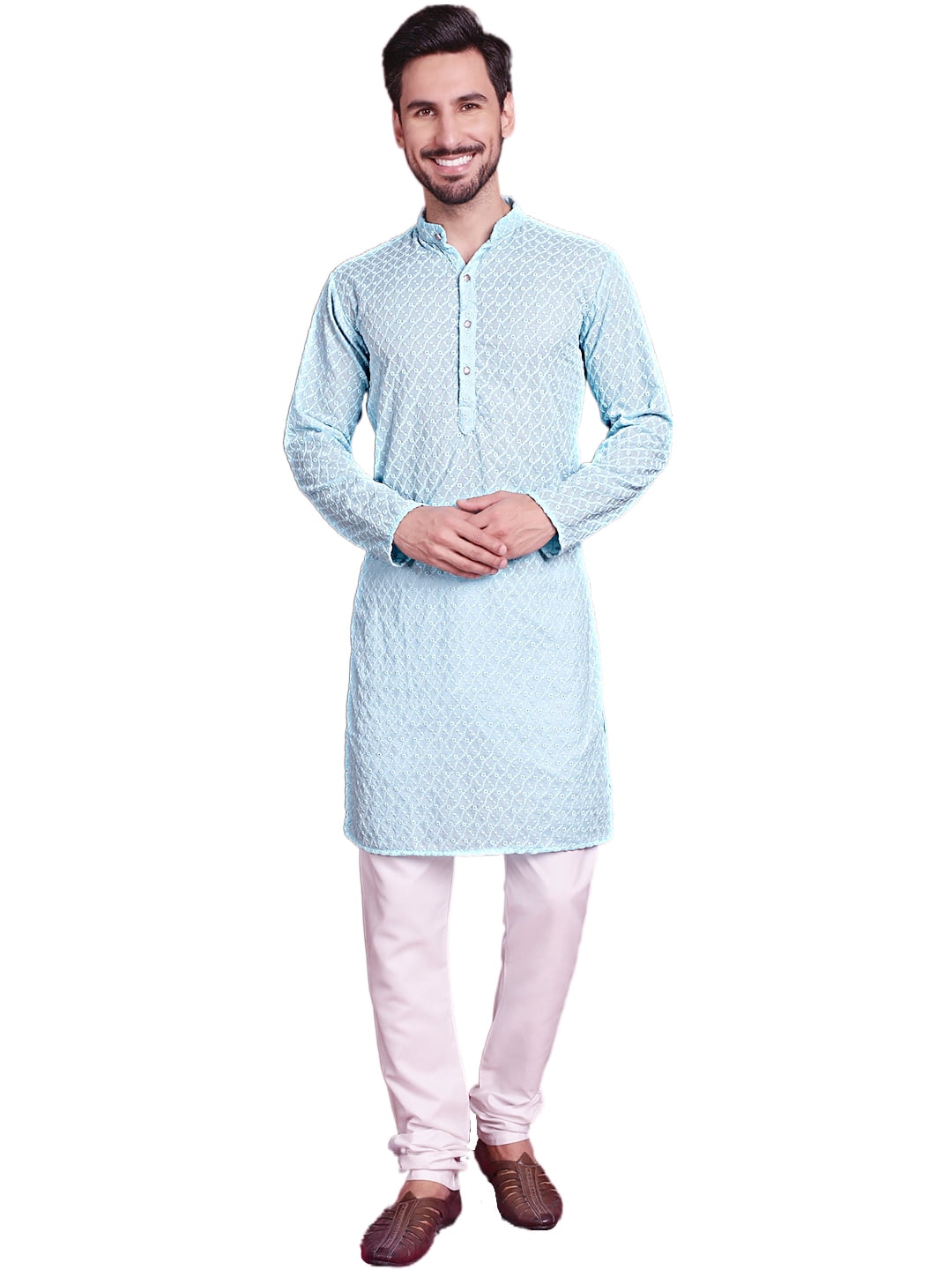 Maple Clothing Ethnic Wear Indian Men's Chikan Kurta Pajama Cotton (Sky ...