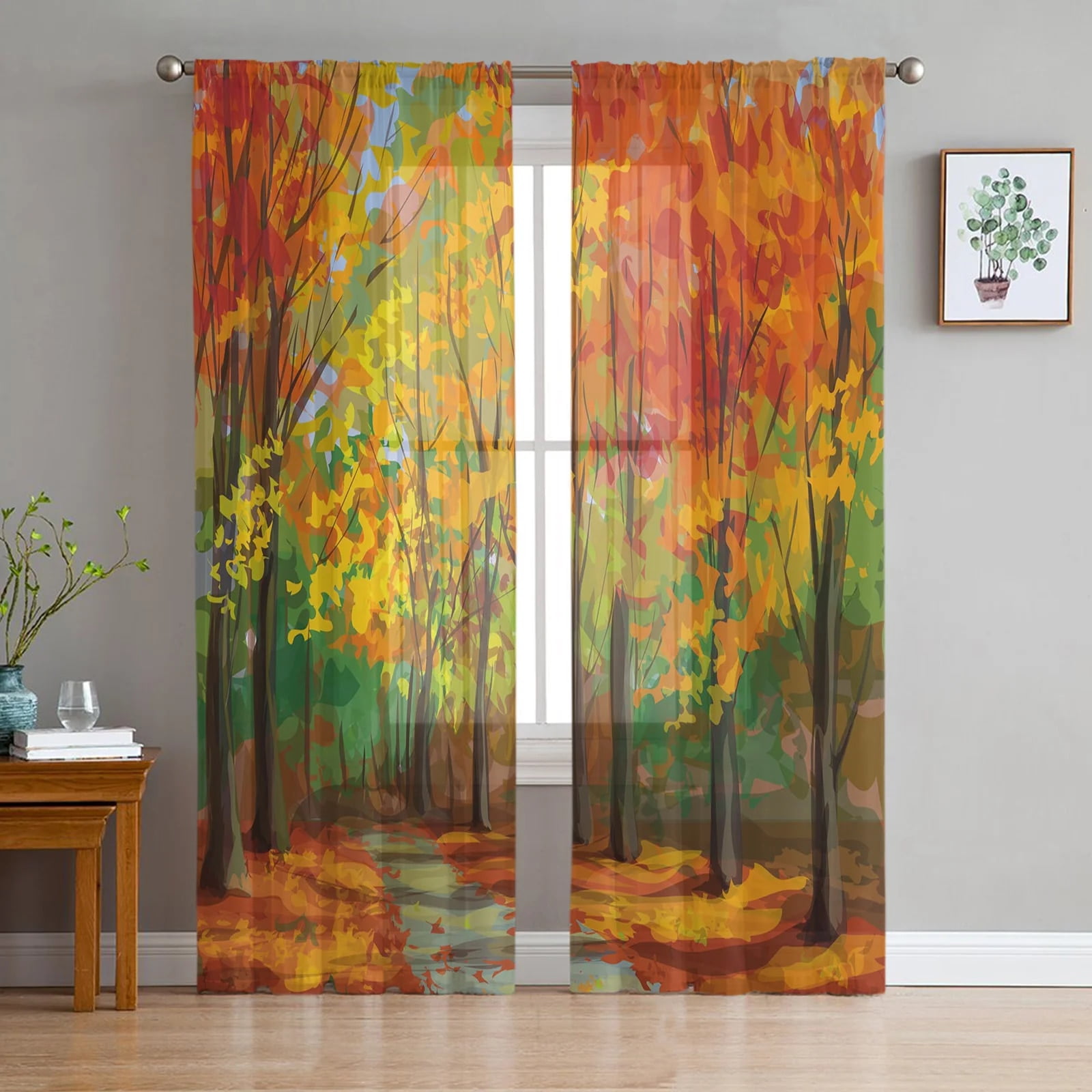 Maple Leaf Autumn Forest Landscape Tulle Curtains For Living Room Sheer ...