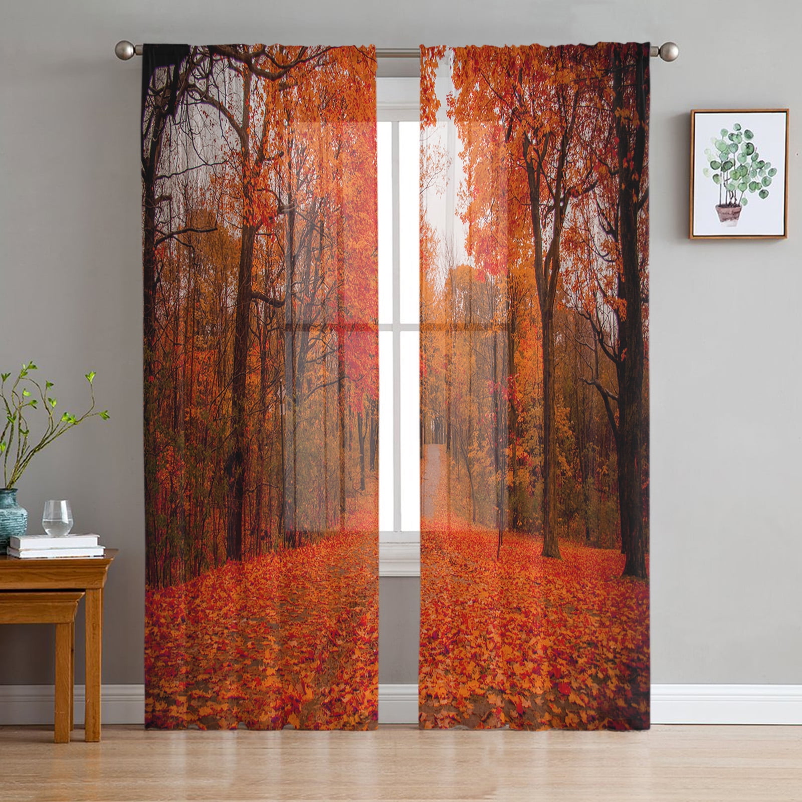 Maple Leaf Autumn Forest Landscape Tulle Curtains For Living Room Sheer ...