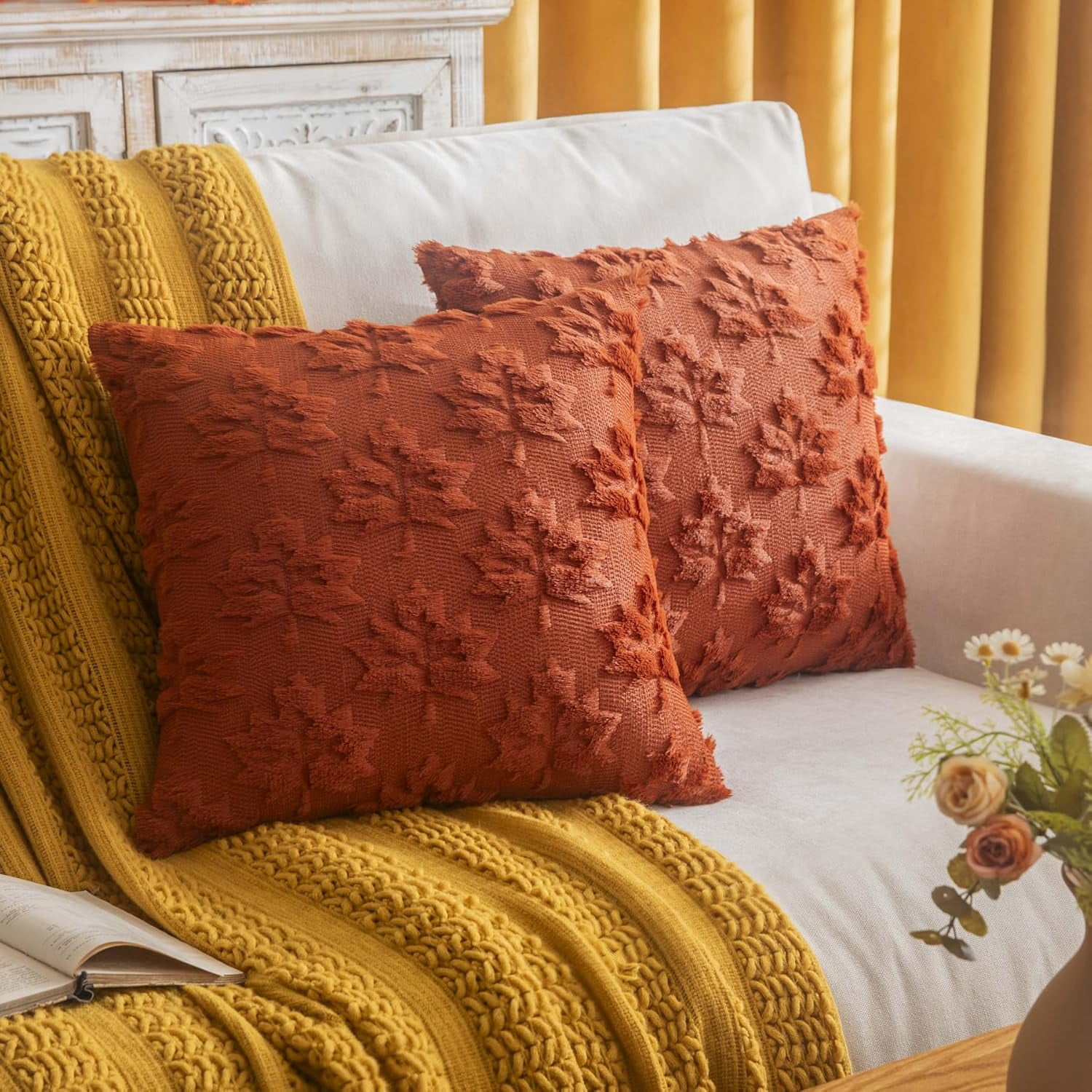 Maple Leaf Fall Throw Pillow Covers 18"x18" Set of 2, Caramel Farmhouse ...