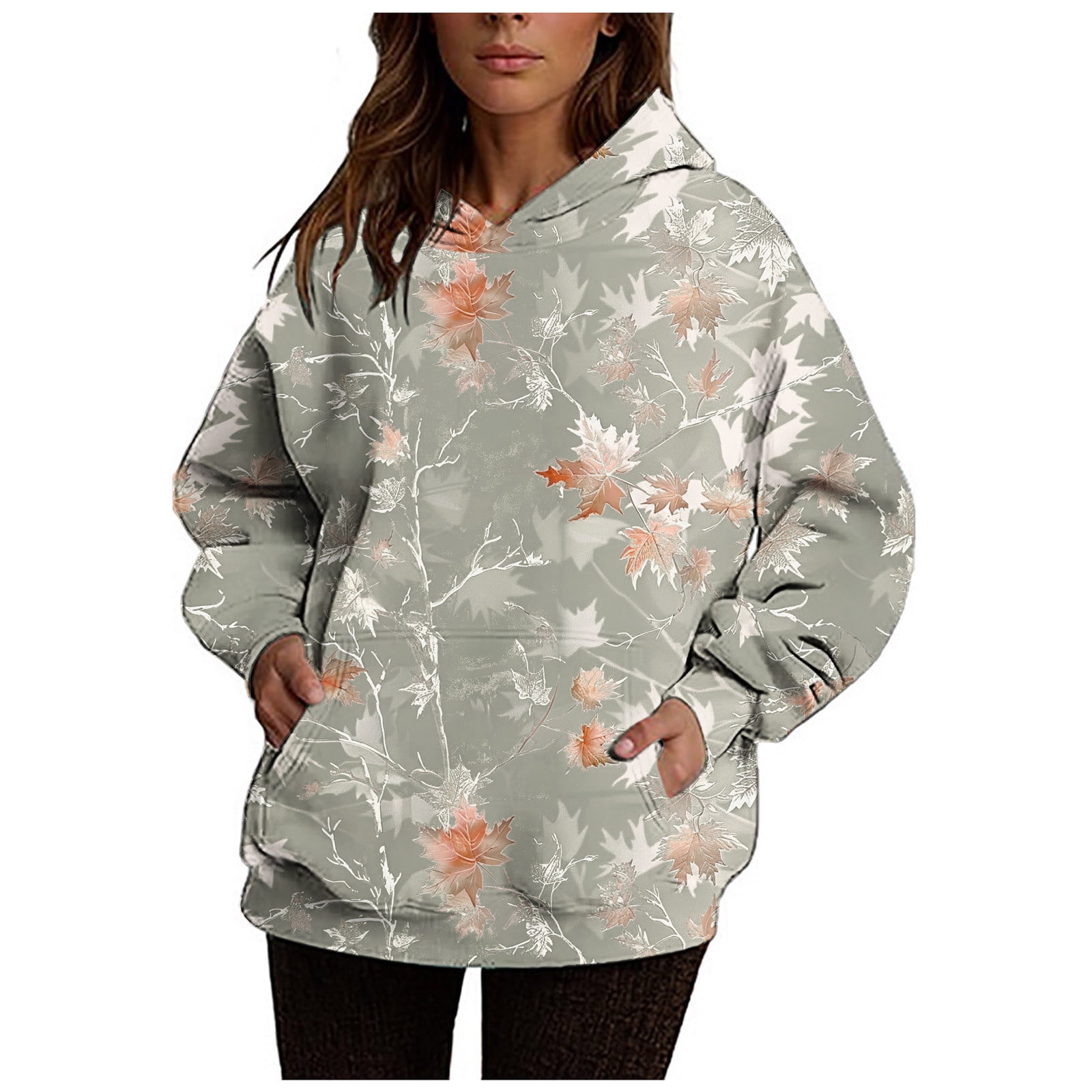 Maple Leaf Print Oversized Hoodies For Women Fashion Camo Hooded