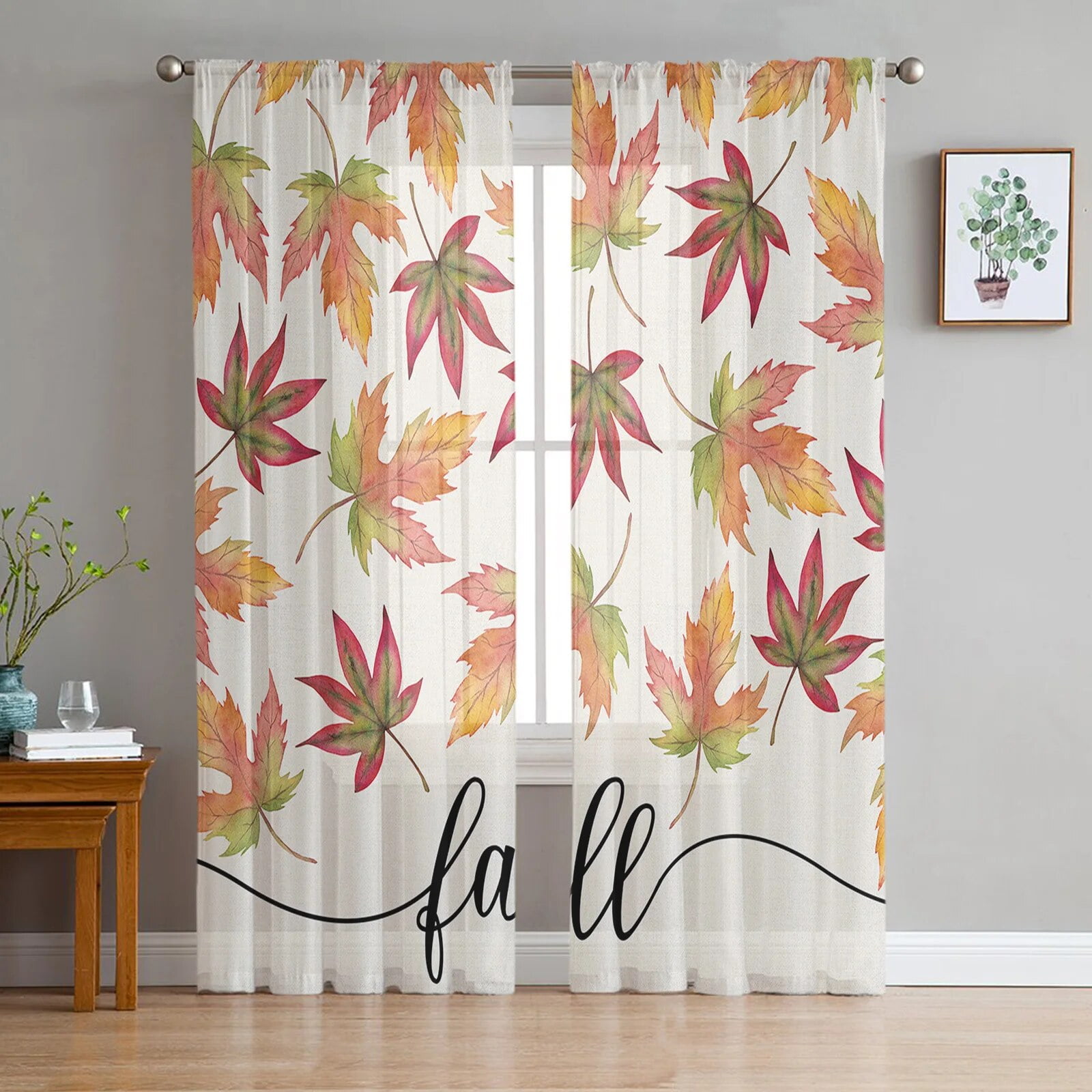 Maple Leaf Script Bedroom Transparent Sheer Curtains Holiday ration ...