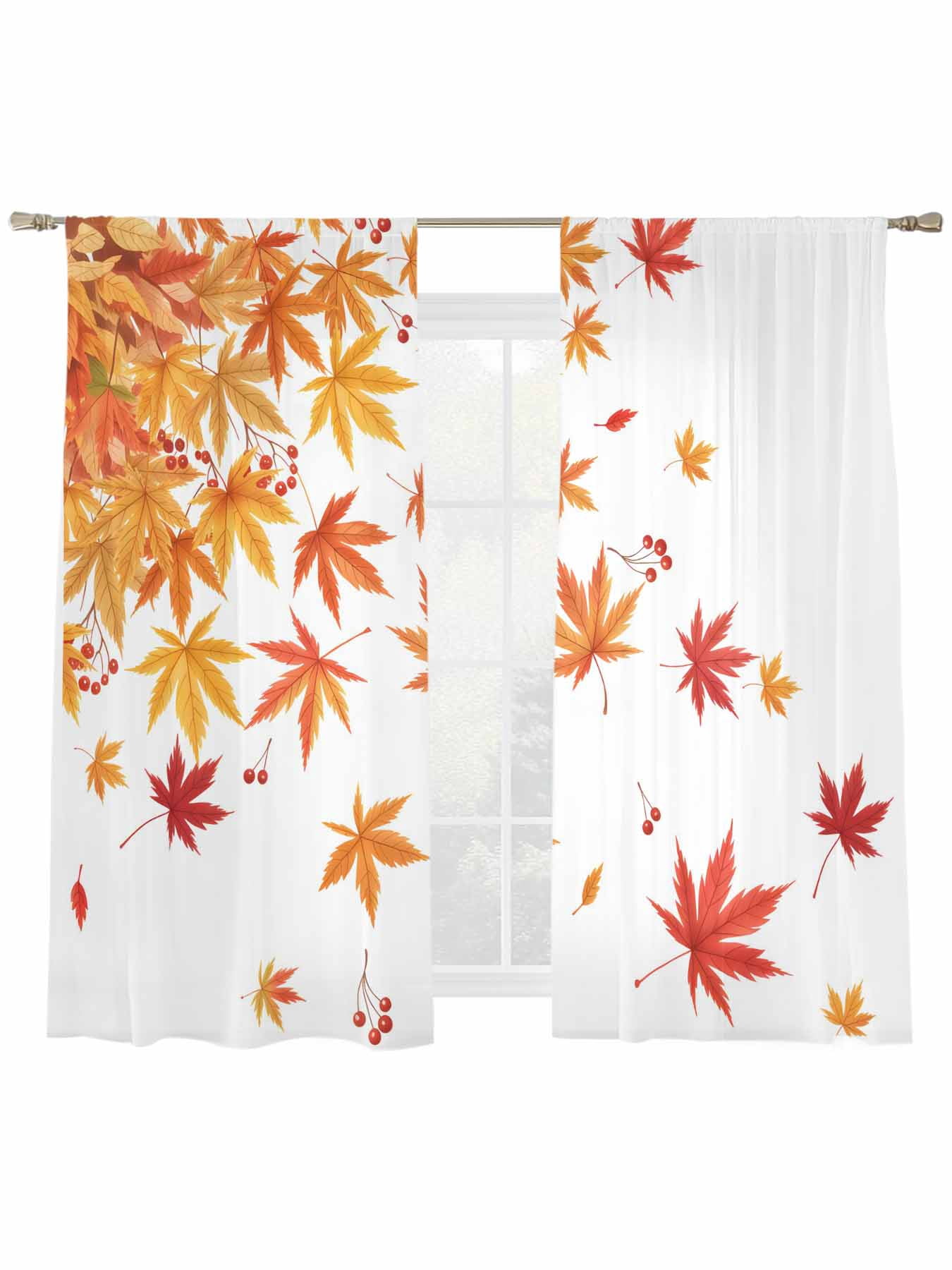 Maple Leaf Sheer Curtains 2 Panels Set Fall Fallen Leaves Red Fruit ...