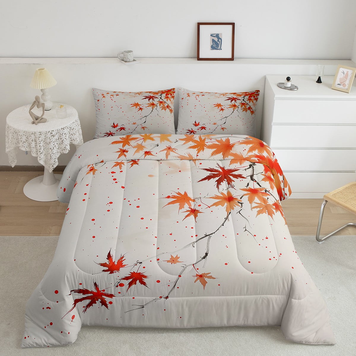 Maple Leaf Twin Comforter Set Fall Leaves Bedding Set Ink Painting ...