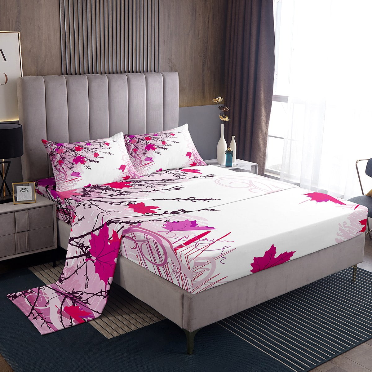 Maple Leaves Bed Sheets Set Queen, Purple And Red Fall Leaf Sheet Set ...