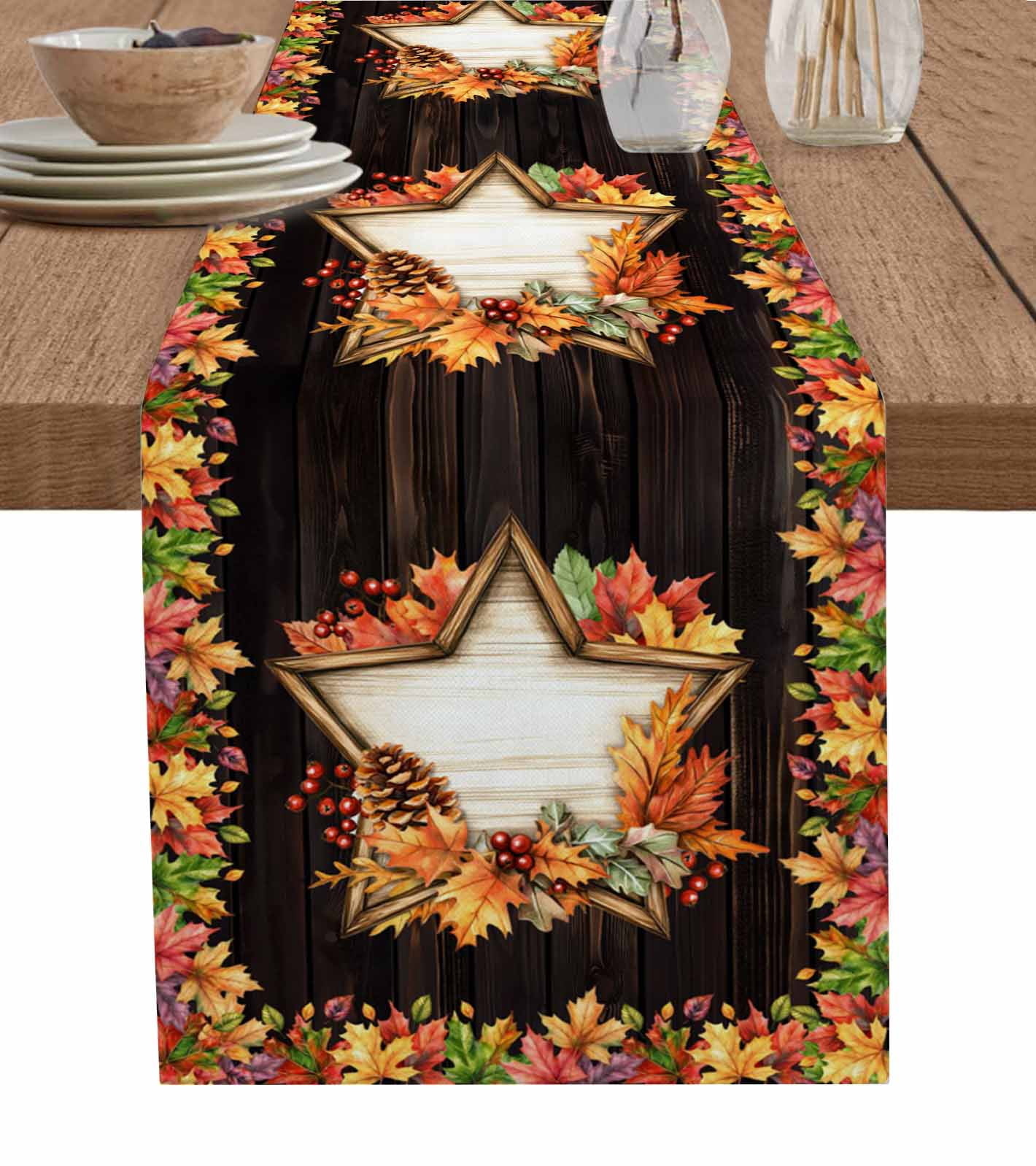 Maple Leaves Fall Table Runner 72 Inches, Thanksgiving Botanical Star ...