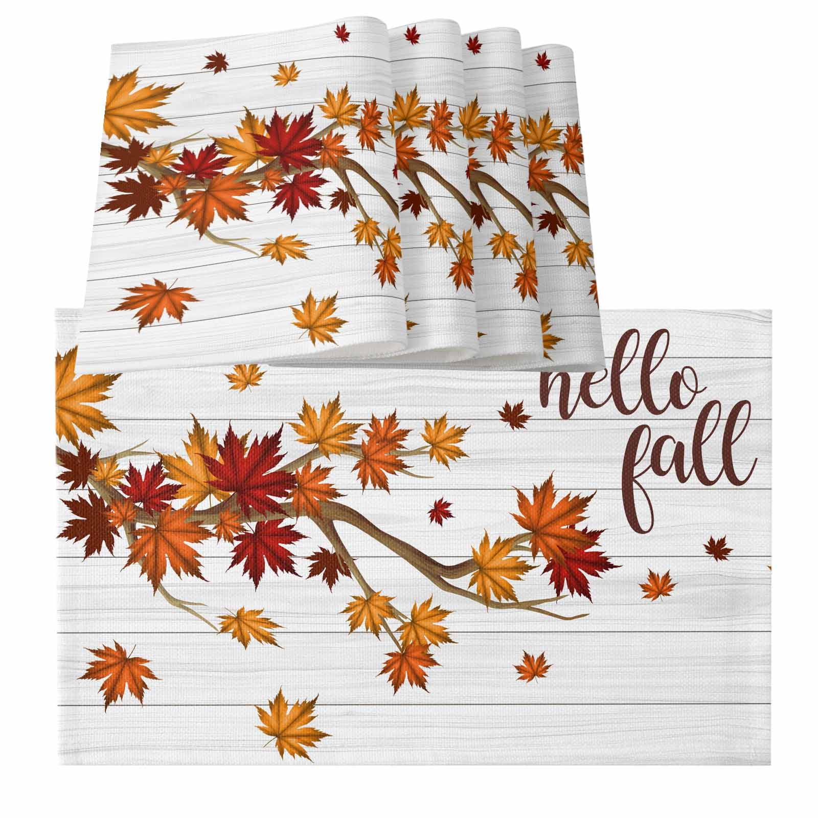 Maple Leaves Fall Thanksgiving Botanical Branches Wooden Burlap Kitchen ...