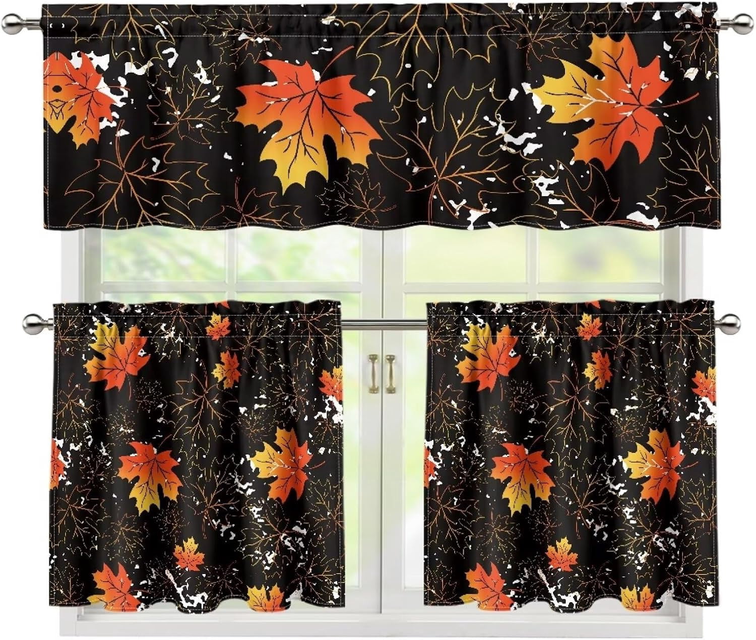Maple Leaves Red Small Kitchen Window Curtains Over Sink Rod Pocket ...