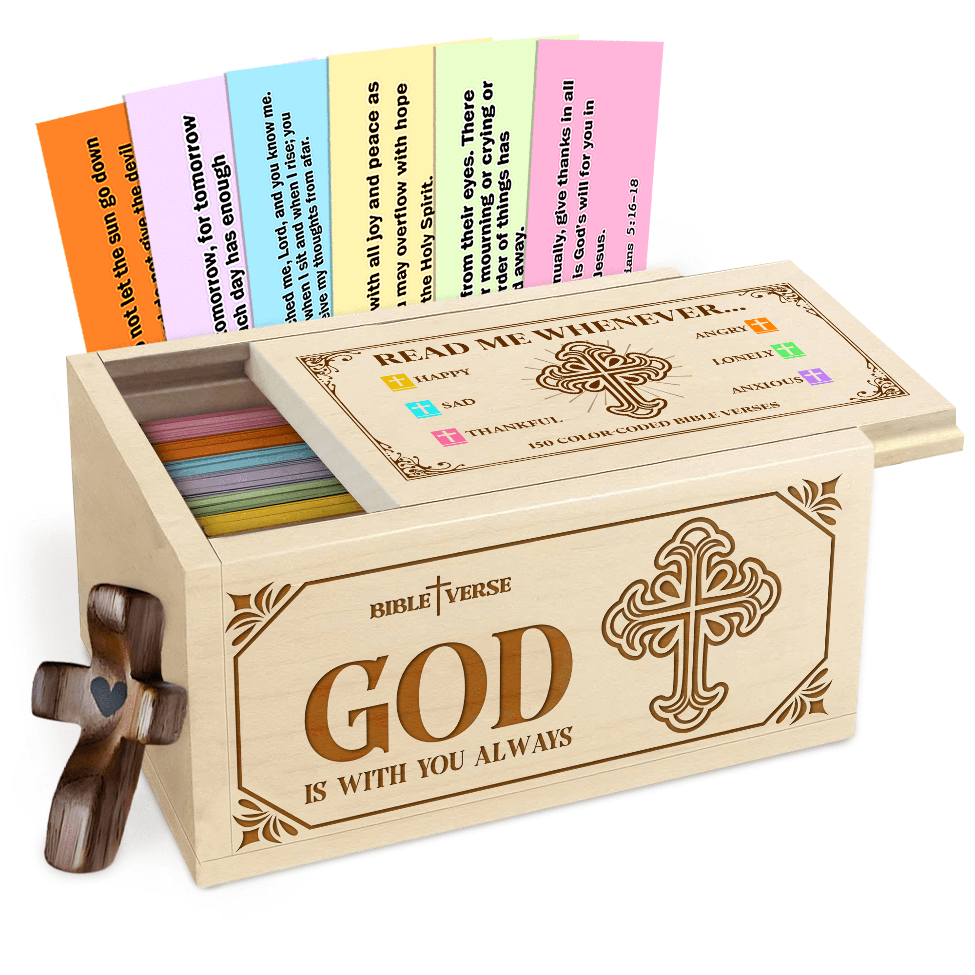 Maple Wood Bible Verse Box with Prayer Cross, 150 Upgrade Bible Verse ...
